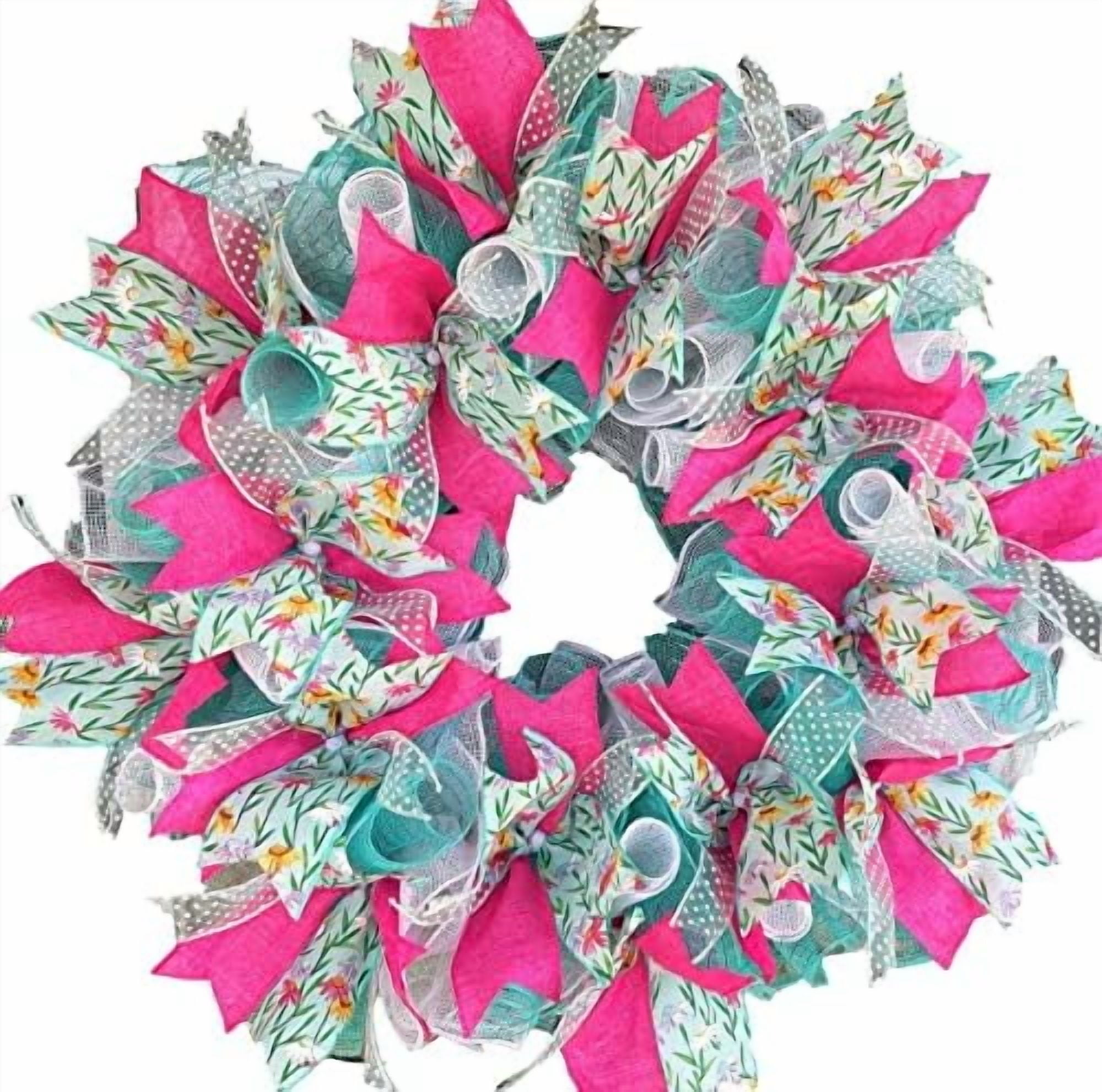 Darling Aqua Blue & Pink Floral Spring & Summer Deco Mesh Wreath ...