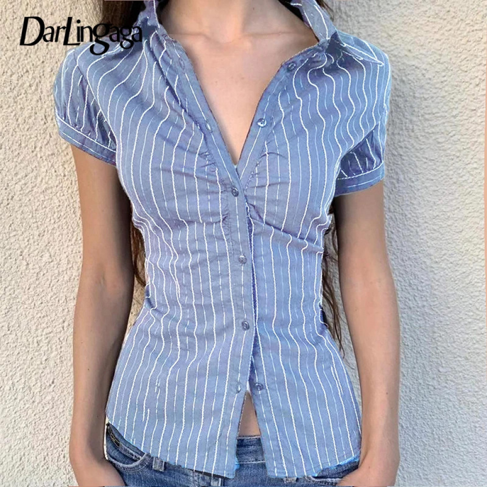 Darlingaga Fashion Chic Stripe Slim Summer Blouse Women Tops Short ...