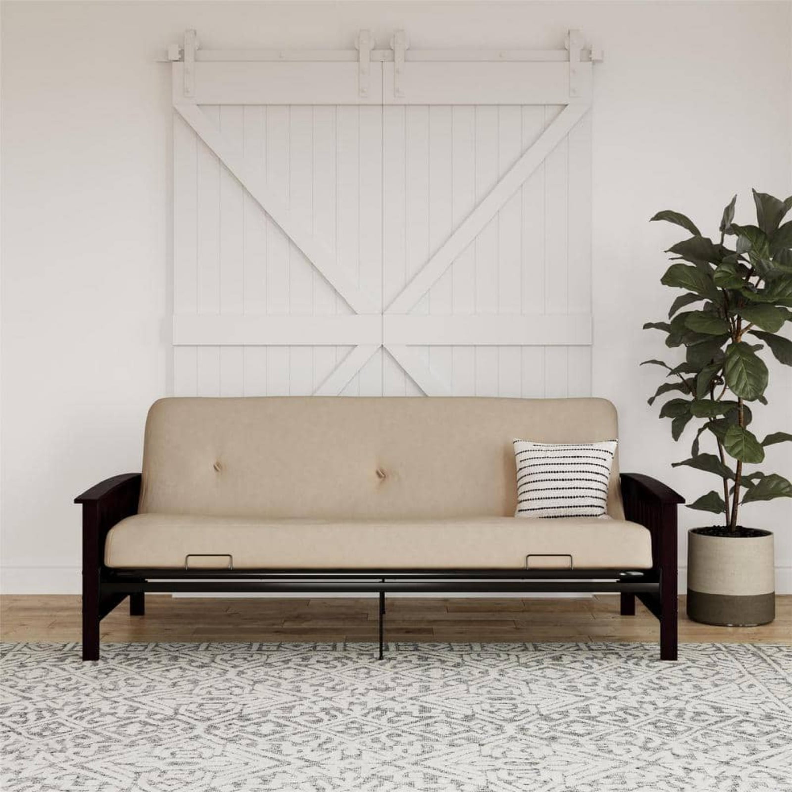 Darrien 6 in. Beige Full Wood Arm Futon Frame with Thermobonded High ...