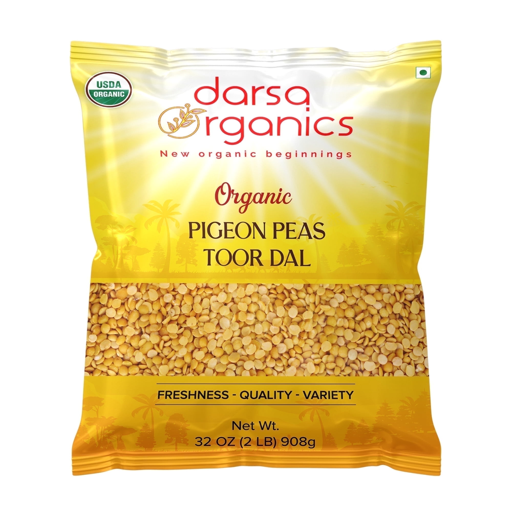 Darsa Organic Pigeon Peas 2lbs, Yellow Split Peas (Toor Tur Dal), USDA ...
