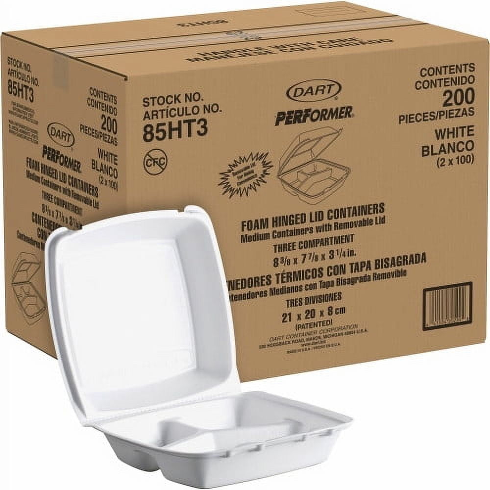 Dart Insulated Foam Hinged Lid Containers, 3-Compartment. 7.9 x 8.4 x 3 ...