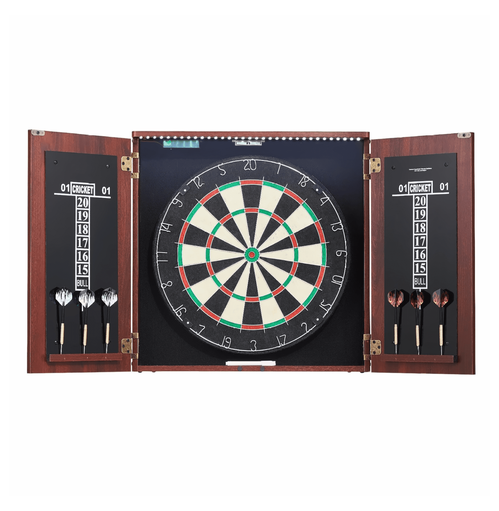 Dartboard Cabinet Set with LED Lighting - Official Size Steel Tip Darts ...