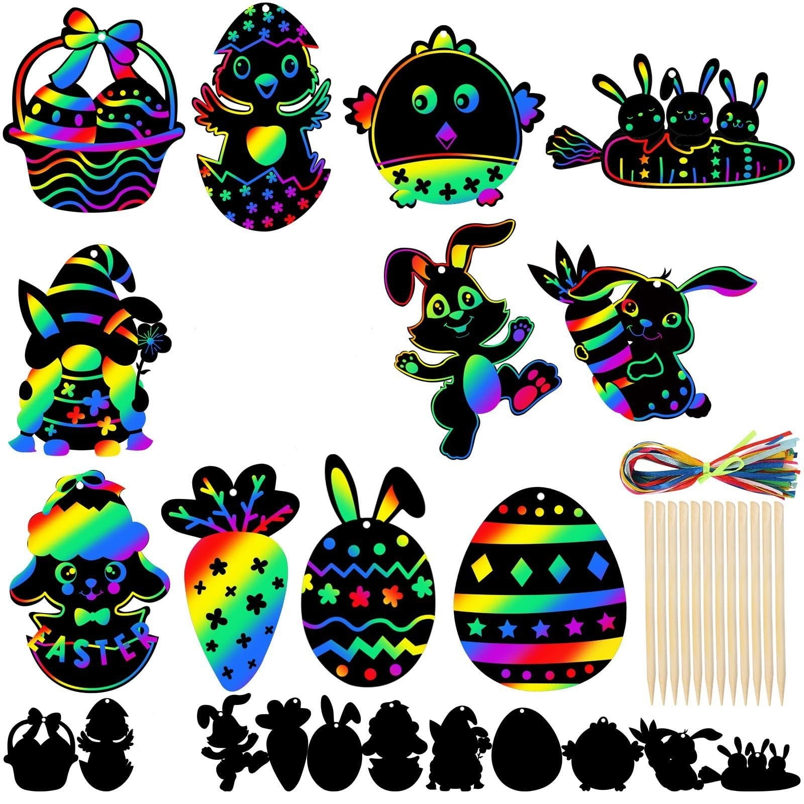 Darzheoy 12 Pcs Easter Scratch Crafts for Kids, Rabbit Bunny Carrot Easter Egg Rainbow Scratch ...