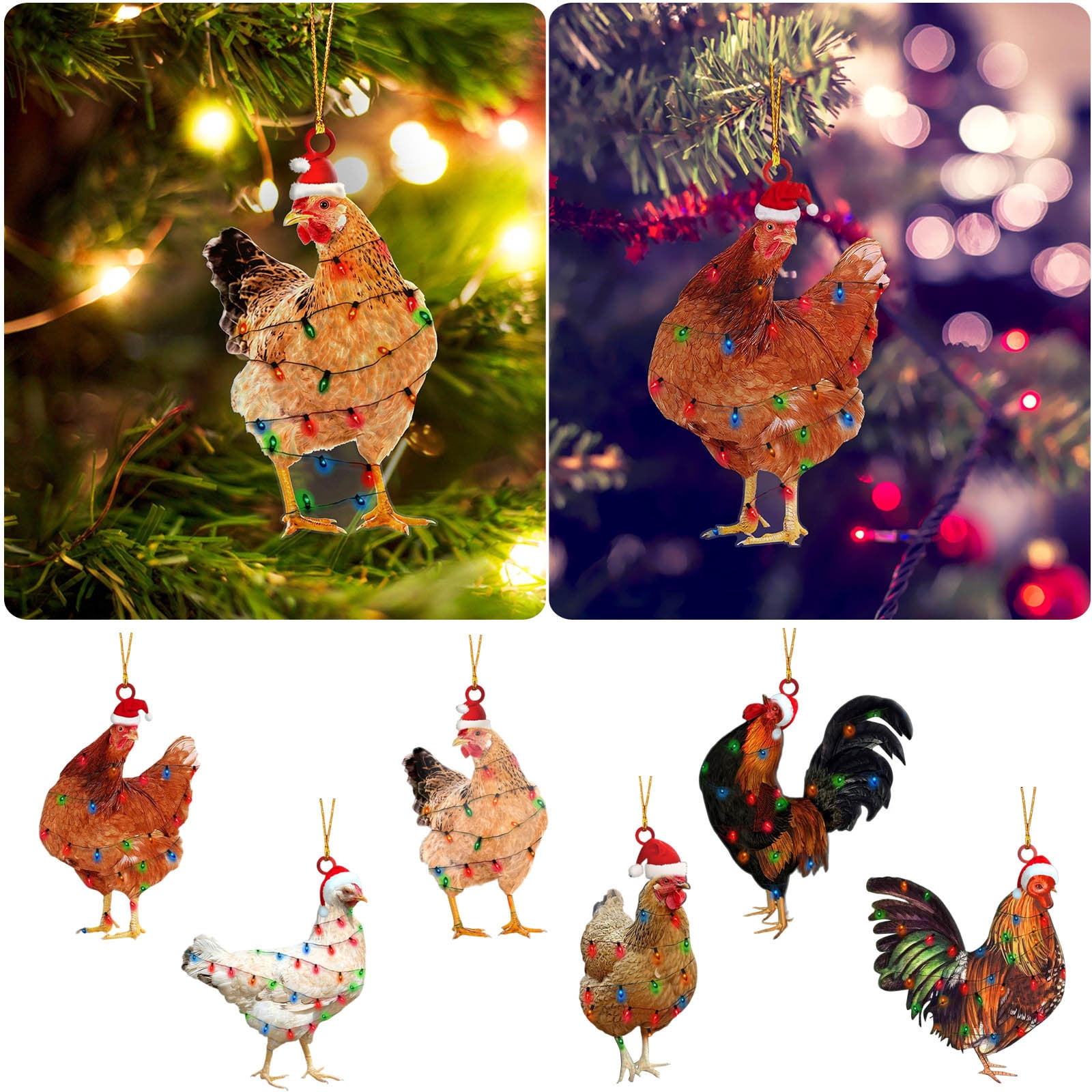 Darzheoy 6 Pcs Christmas Chicken Ornament Set, Acrylic Chicken Xmas ...