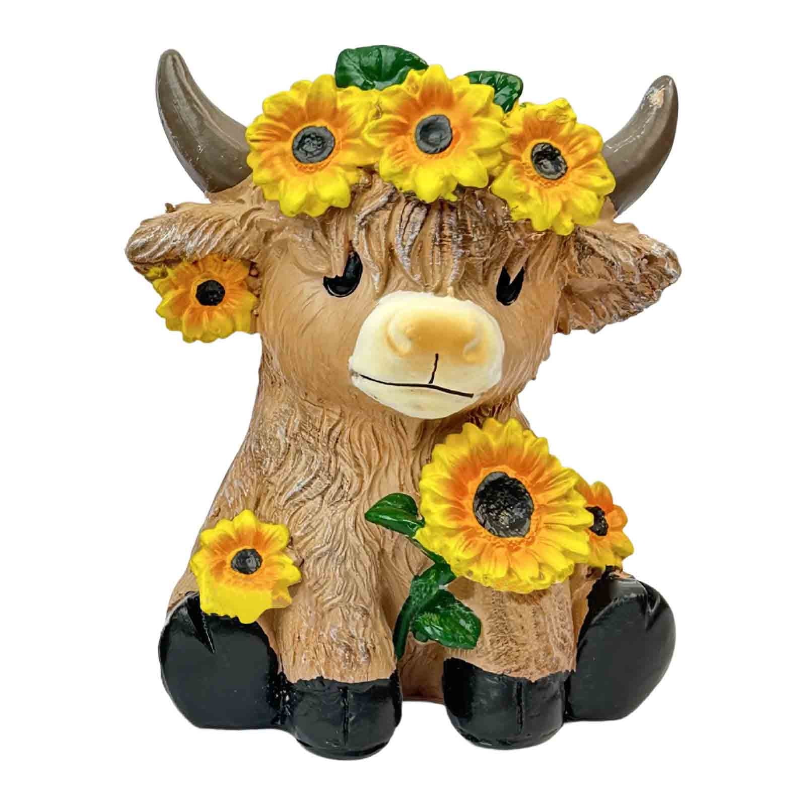 Darzheoy Highland Cow Figurines Spring Sunflower Highland Cow Gnomes ...