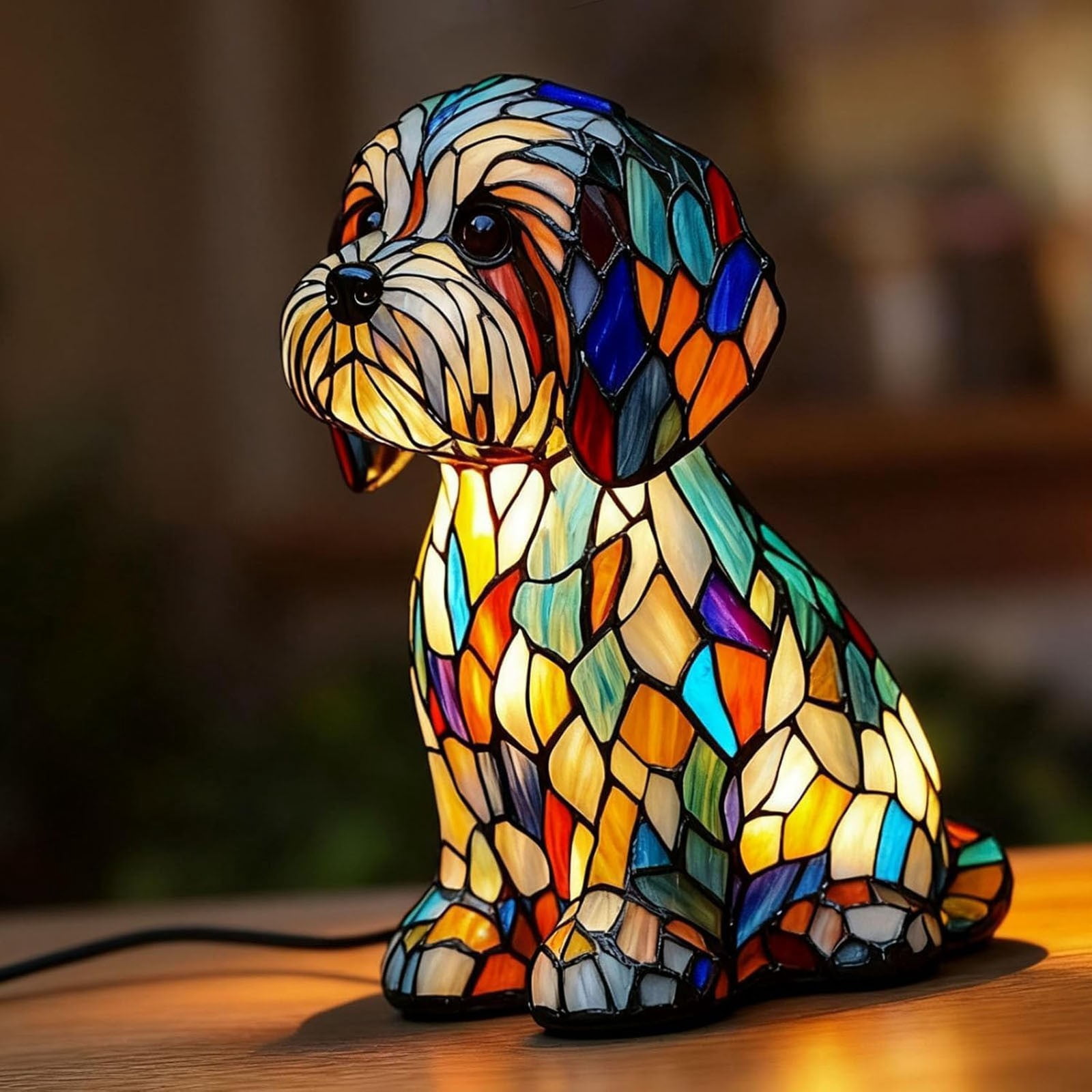 Darzheoy Rainbow Pup Lamp, 3D Retro Stained Glass Resin Dog Night Light ...