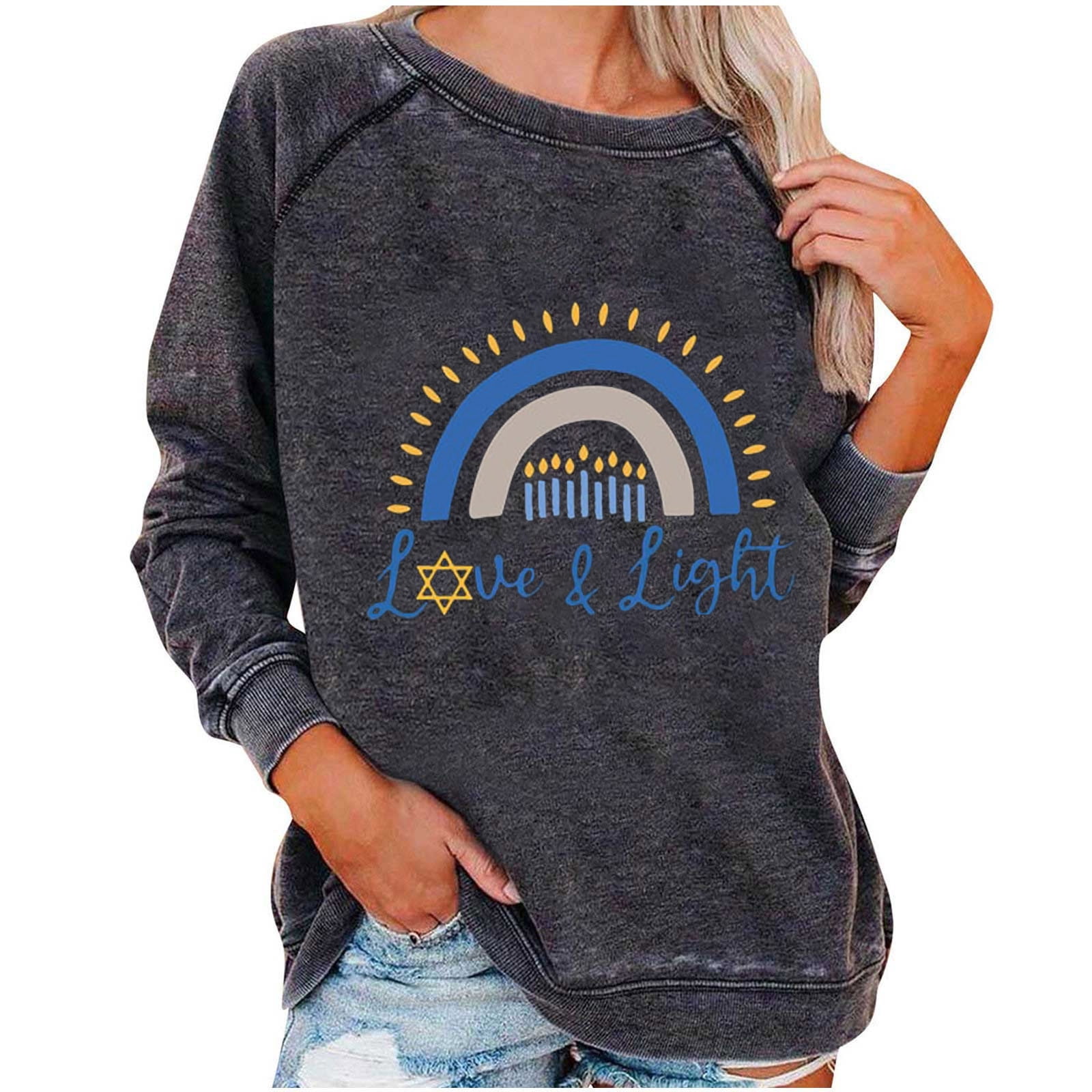 Darzheoy Womens Solid Graphic Tops Hanukkah Loose Long Sleeve Color ...