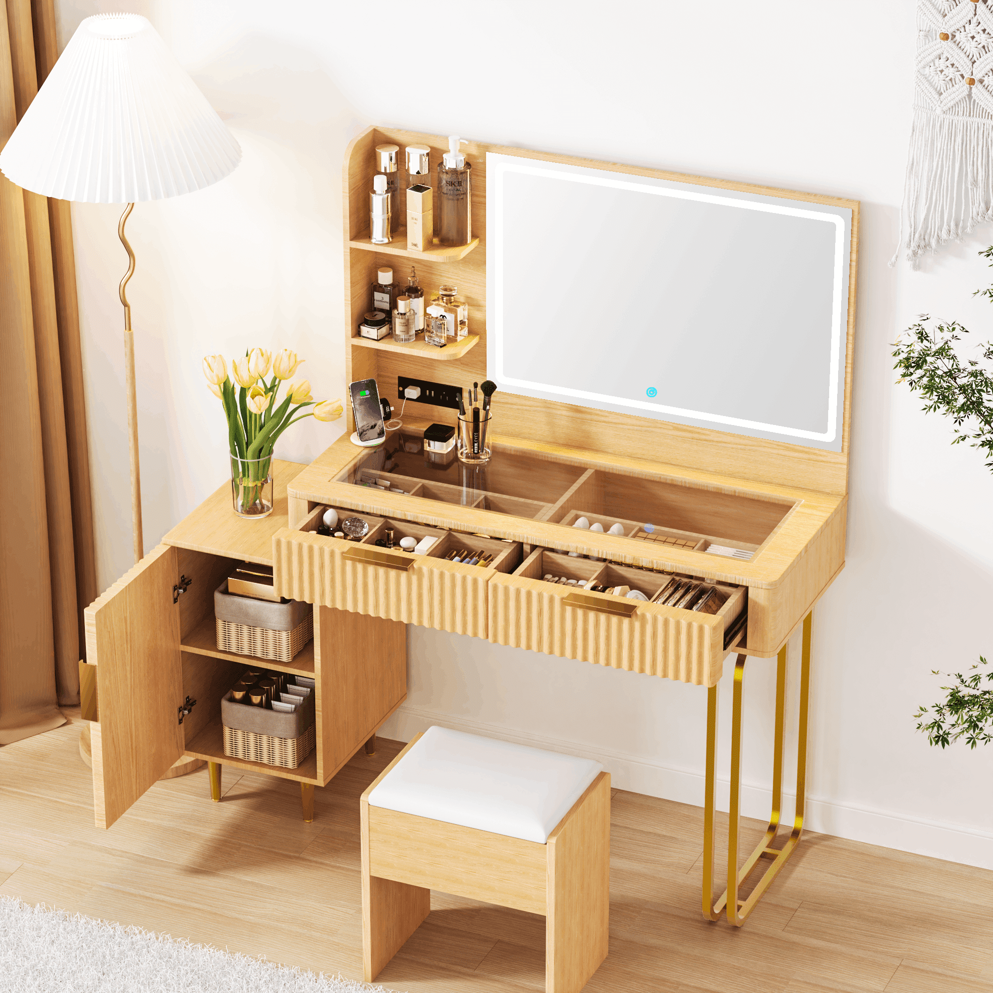 Dasaka Vanity Desk Set - Solid Wood Dresser with 3-Light LED Vanity ...