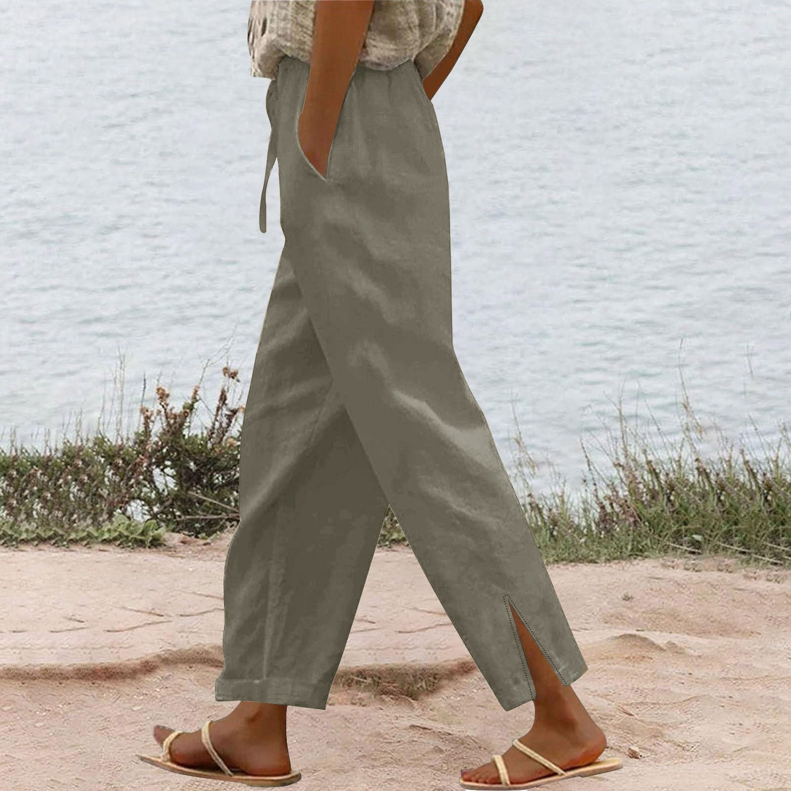 Dasayo Beige Ladies Pants High Waist Cotton Casual Fall Side Slit ...