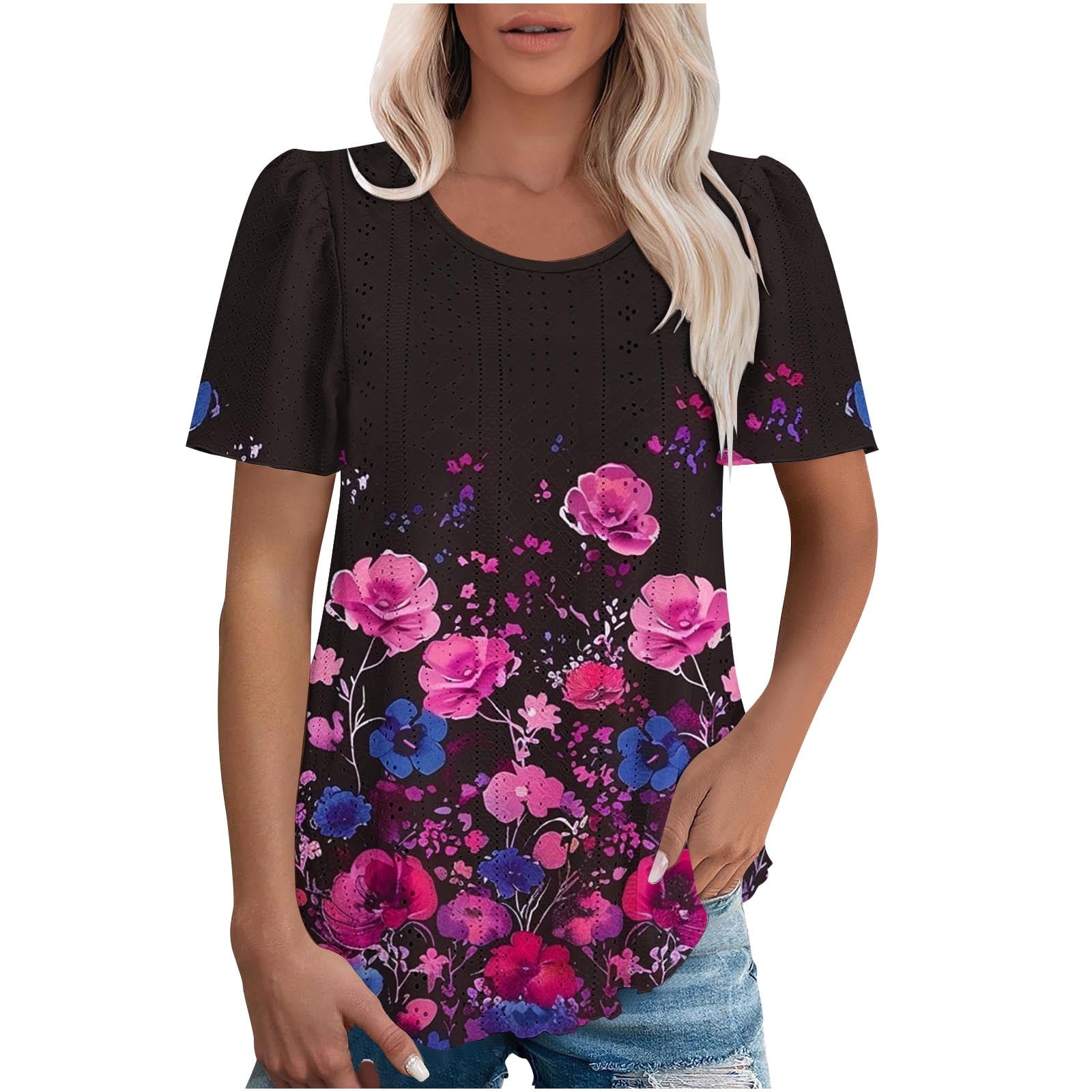 Dasayo Boho Women Tops Blouses Chiffon Puff Sleeve Comfy Floral Blouses ...