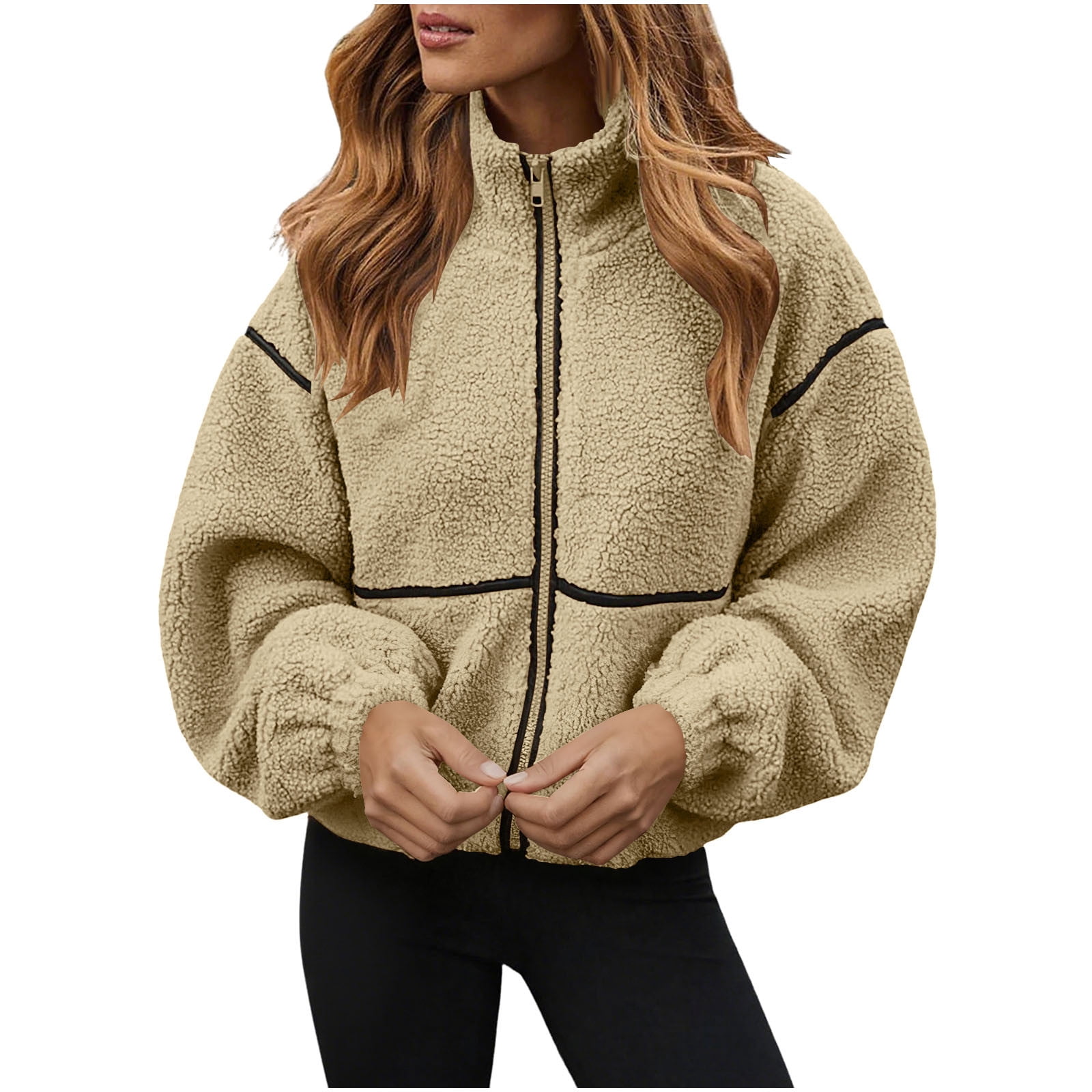 Dasayo Bomber Coats for Women Cropped Beige Fleece Varsity Zipper Barn ...