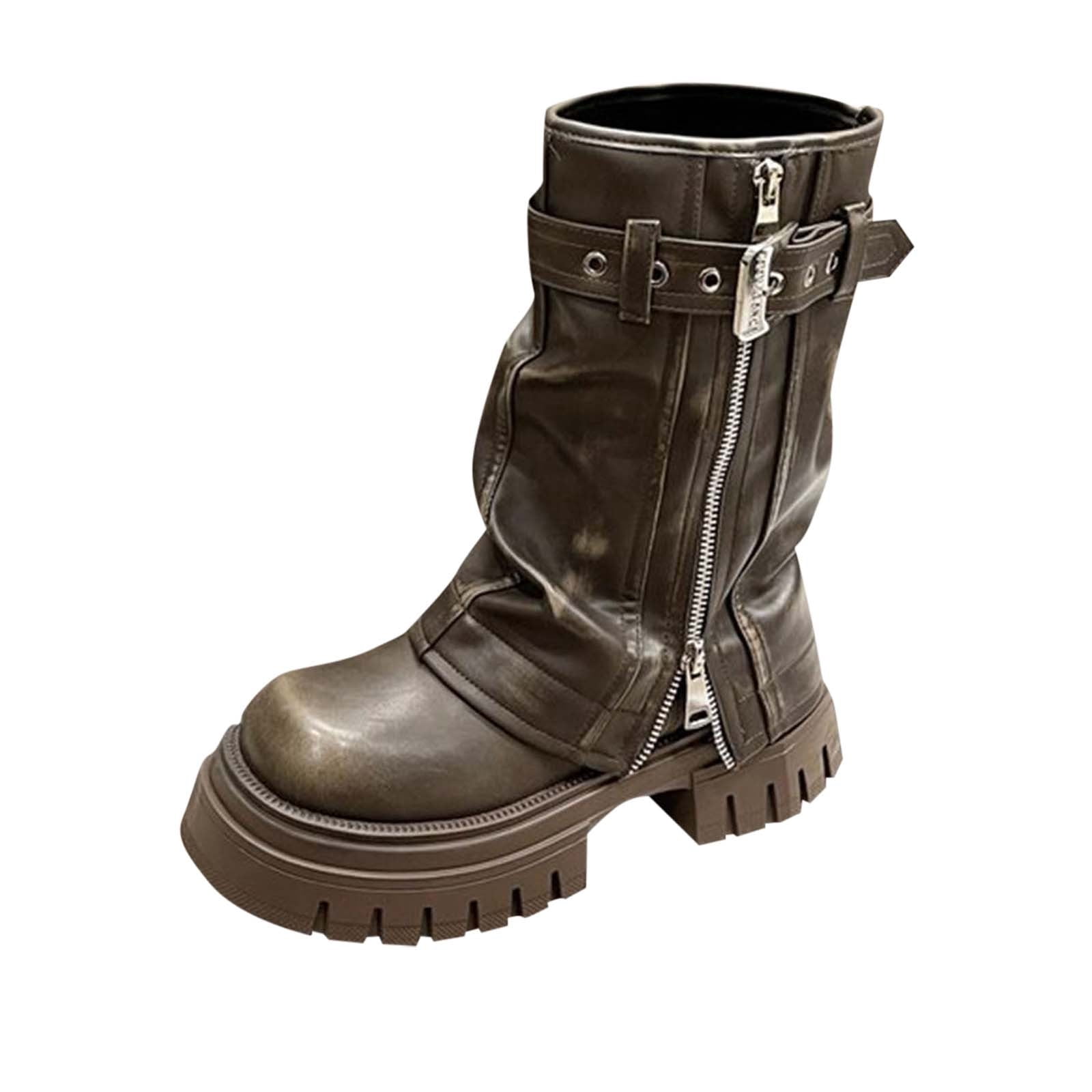 Dasayo Boots Women Motorcycle Brown Mid-Calf Chunky Faux Leather ...