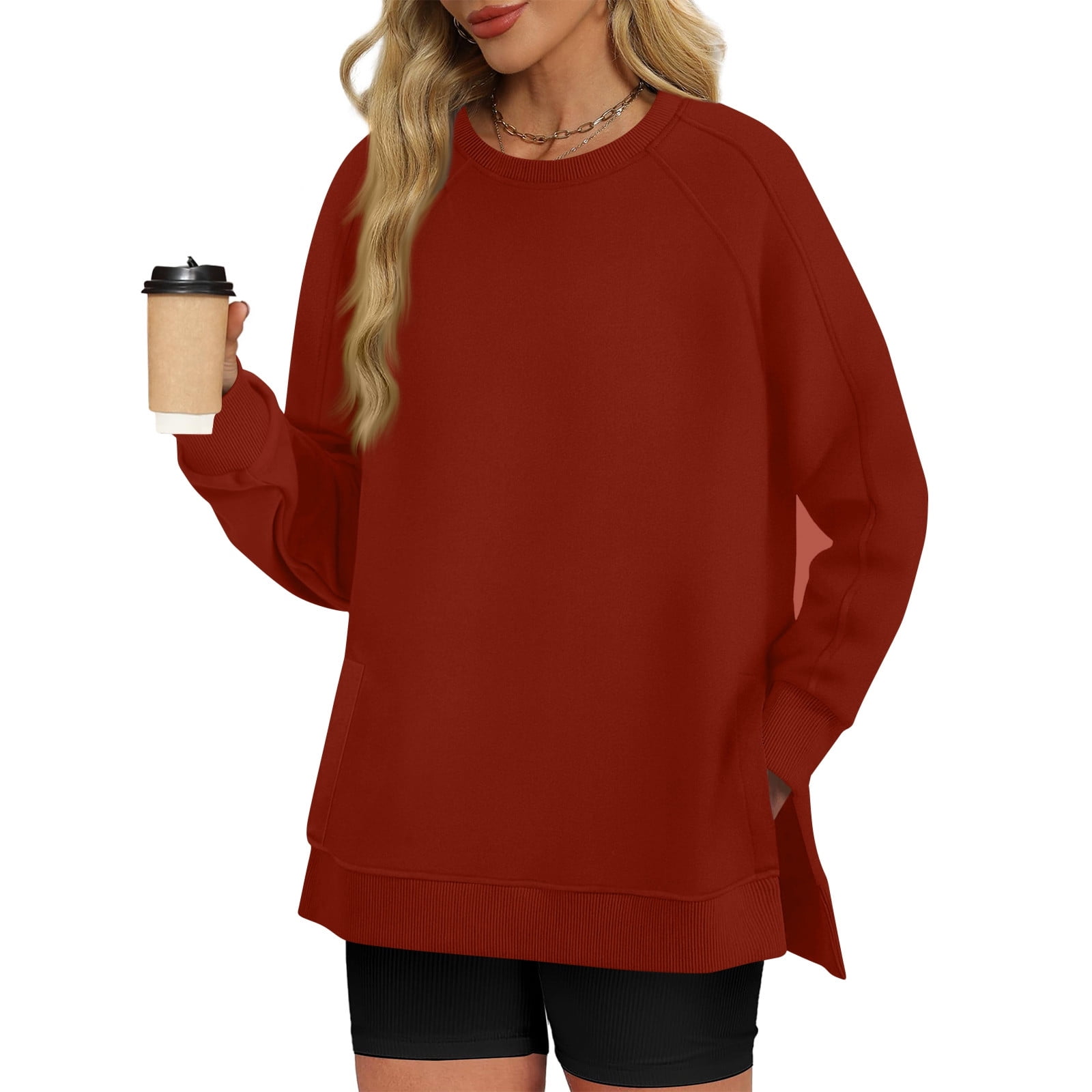 Dasayo Casual Ladies Tops Brown Plus Size Long Sleeve Solid Side Split Sweatshirts Women Blouse ...