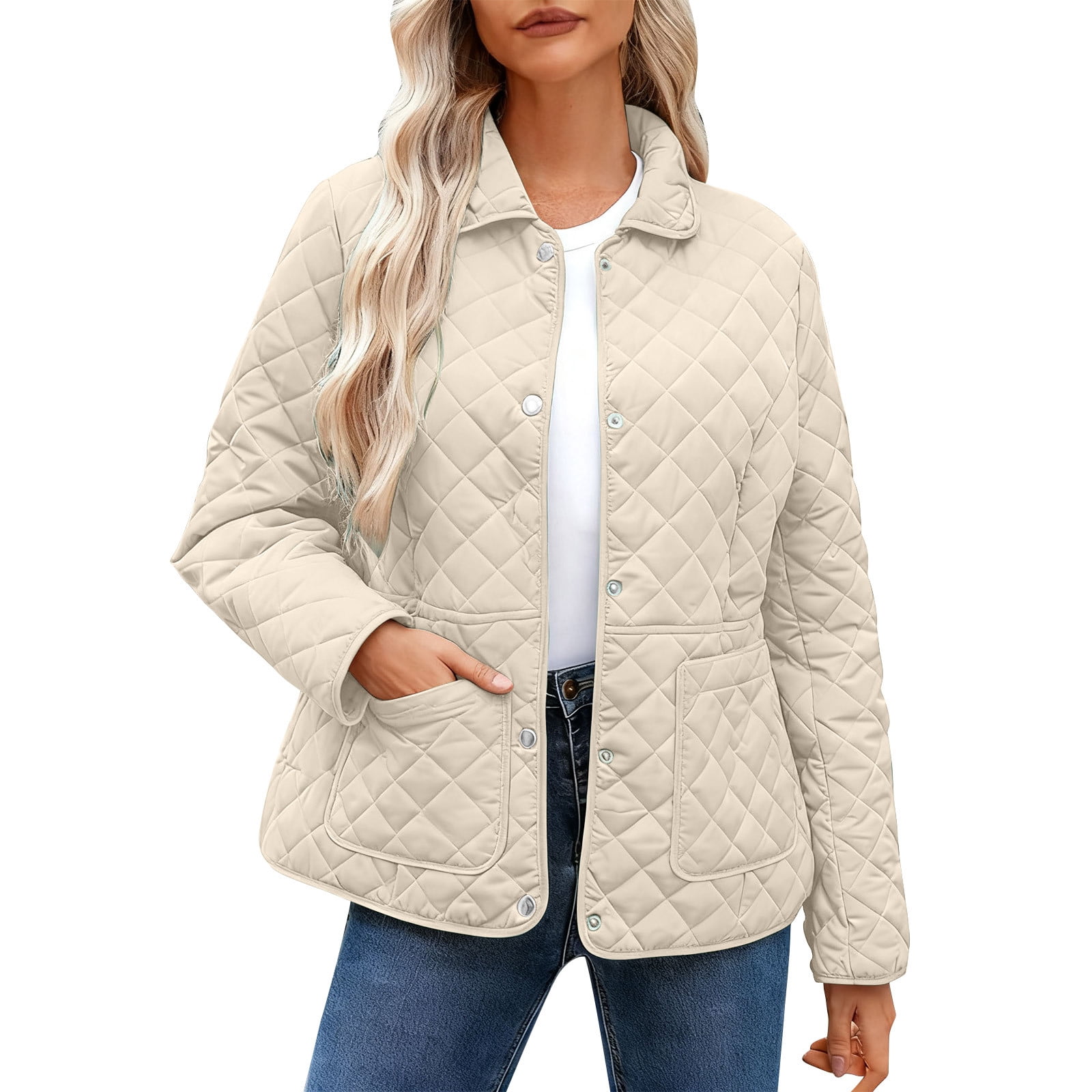 Dasayo Coat Women Light Weight Puffer Beige Quilted Babydoll Collared ...