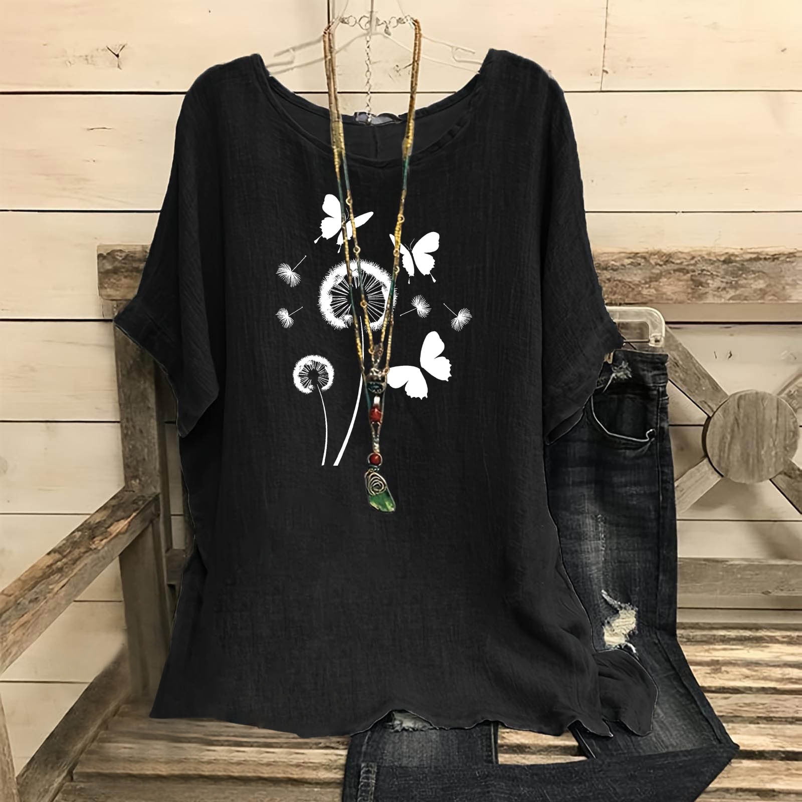 Dasayo Comfy Ladies Tops Short Sleeve Cotton Linen Black Butterfly ...