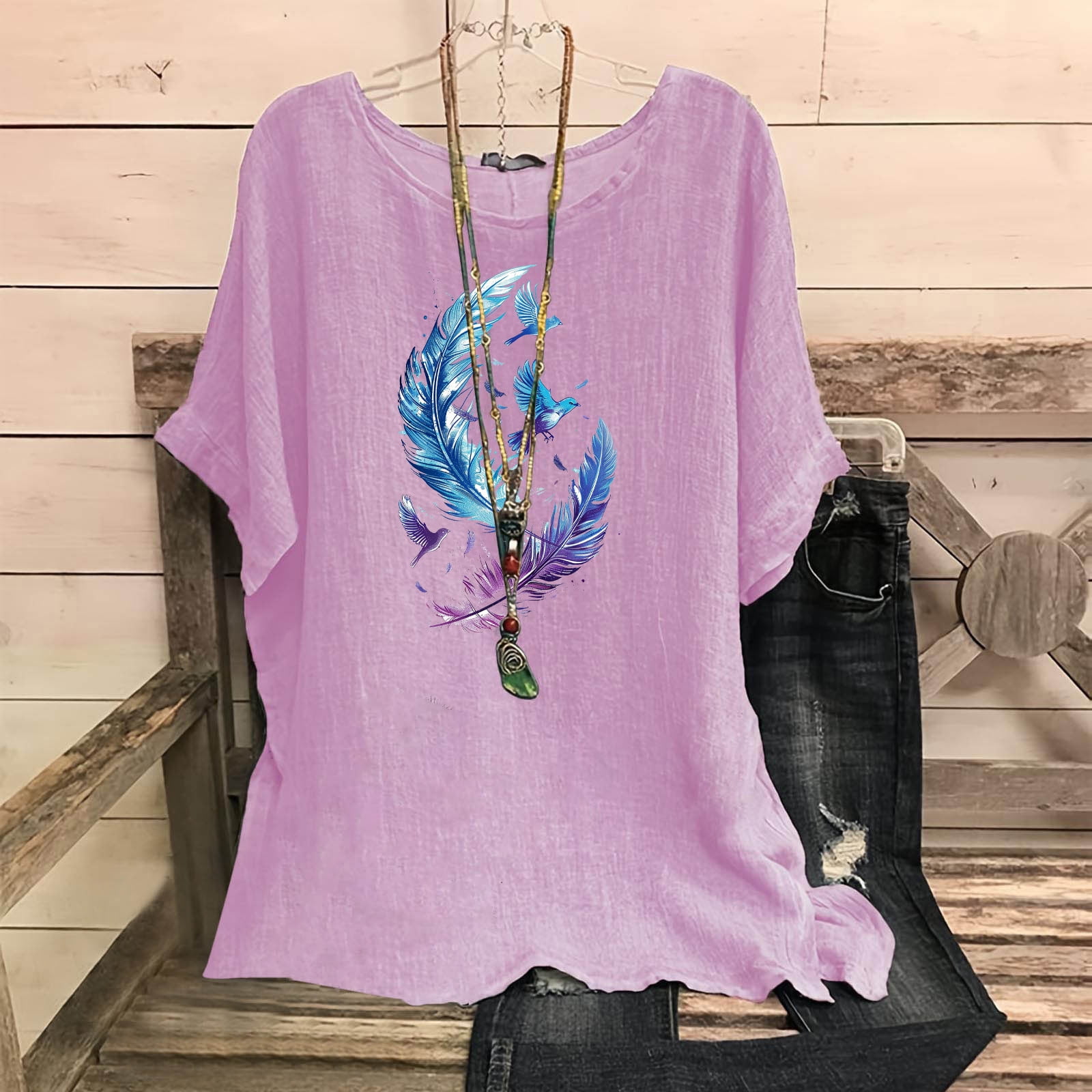 Dasayo Cotton Linen Ladies Tops Pink Short Sleeve Comfy Plus Size ...