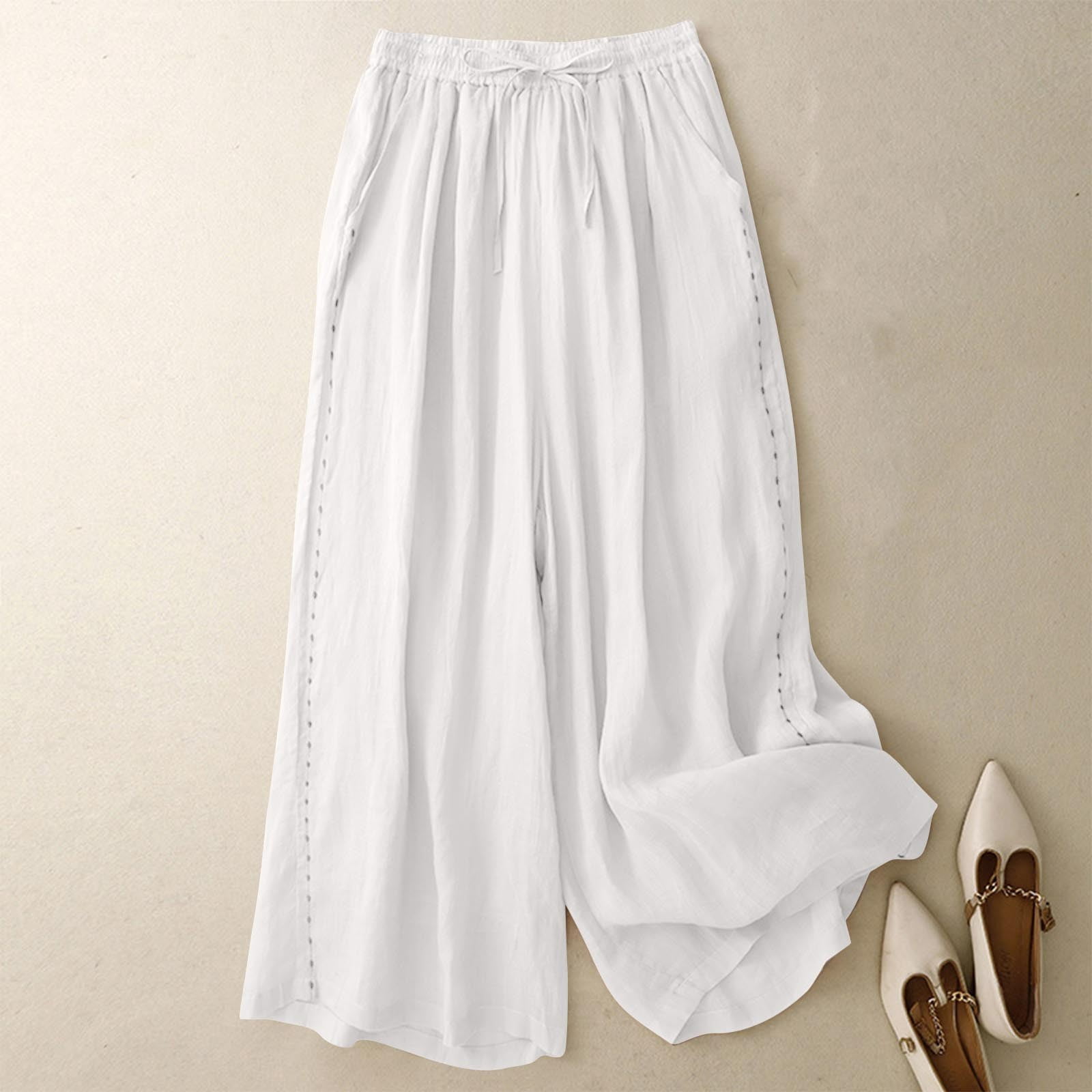 Dasayo Cotton Linen Women Pants Culottes Wide-Leg White Slacks ...