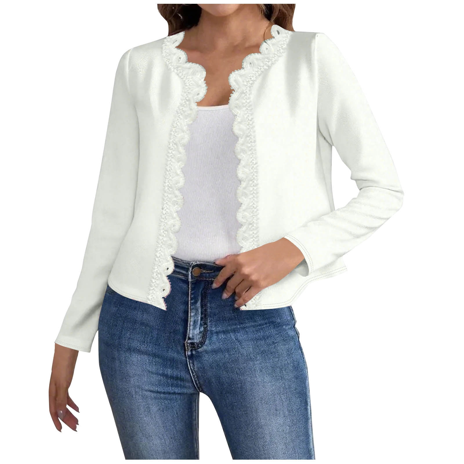 Dasayo Cropped Womens Coats Open Front White Lace Elegant Cardigan Long ...