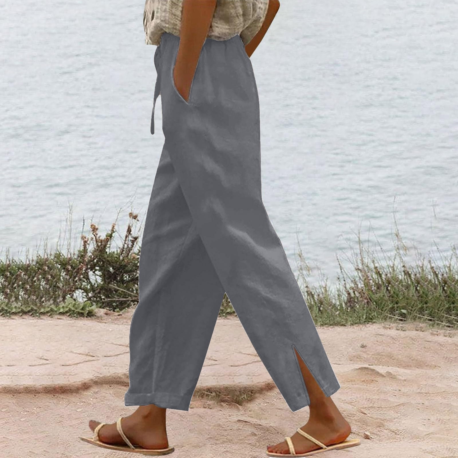 Dasayo Fall Pants for Women Trendy Cotton Gray High Waist Casual Side ...