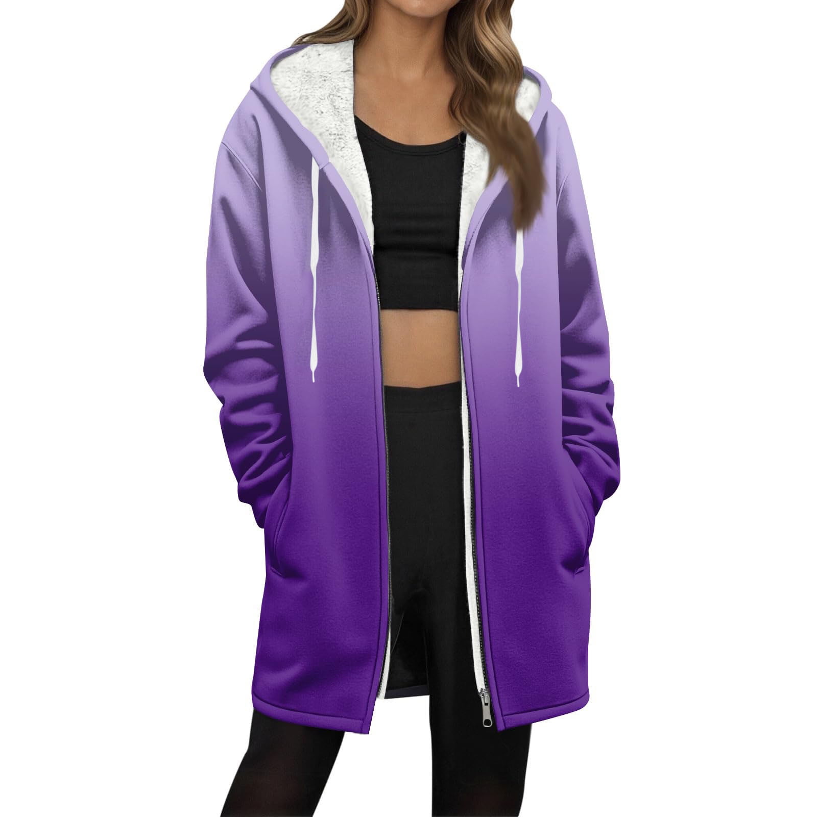 Dasayo Fleece Coats for Women Thermal Long Purple Zip up Drawstring ...