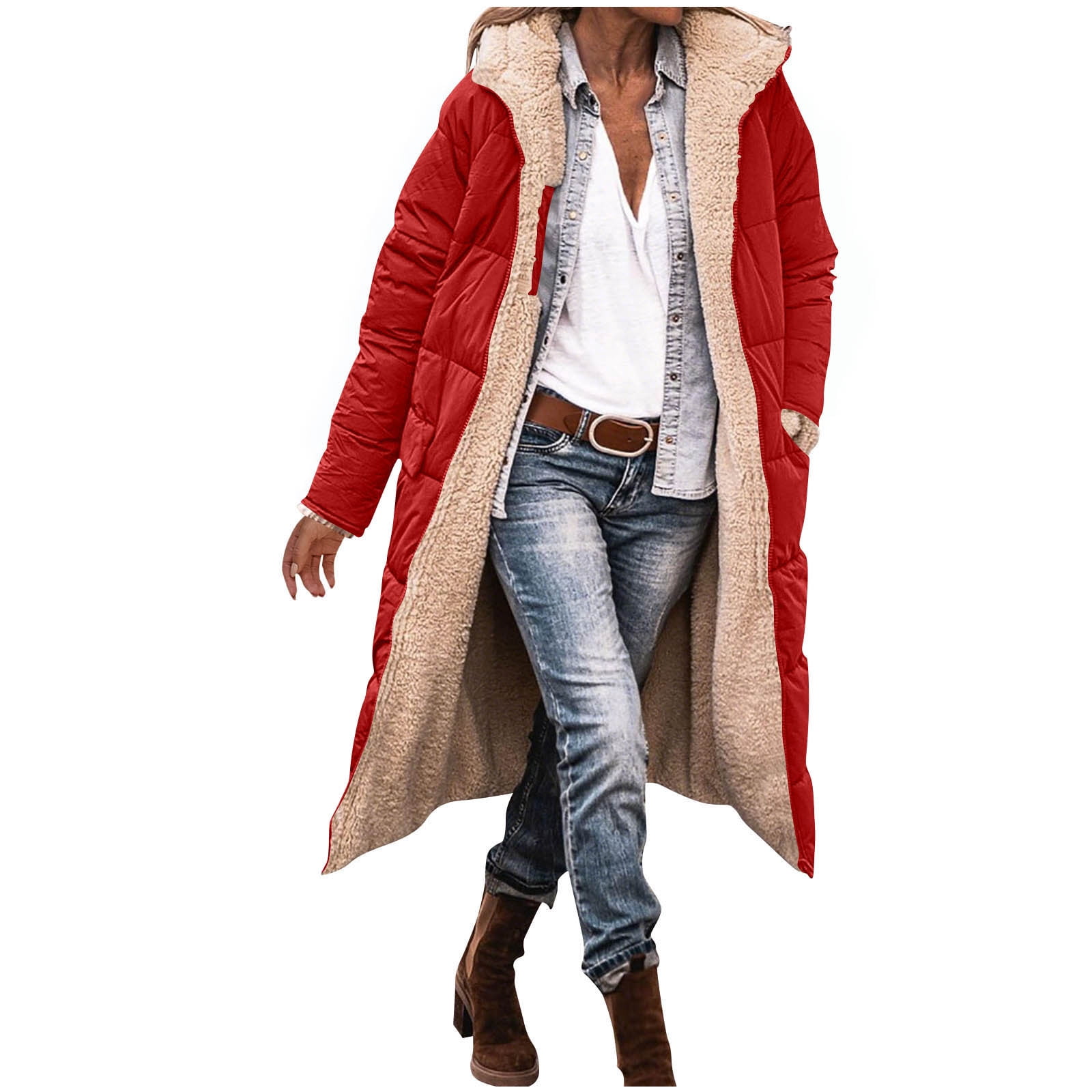 Dasayo Fleece Women Coat Full Zip Red Quilted Hooded Long Thermal Coats ...