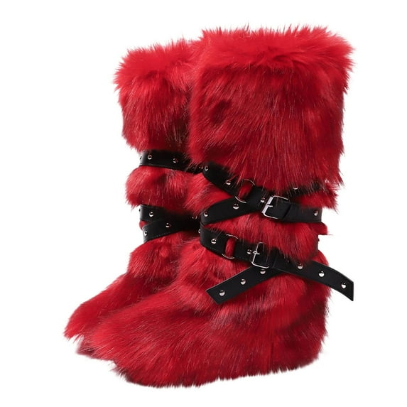 Dasayo Ladies Boots Furry Mid-Calf Red Winter Buckles Fuzzy Warm Comfy ...