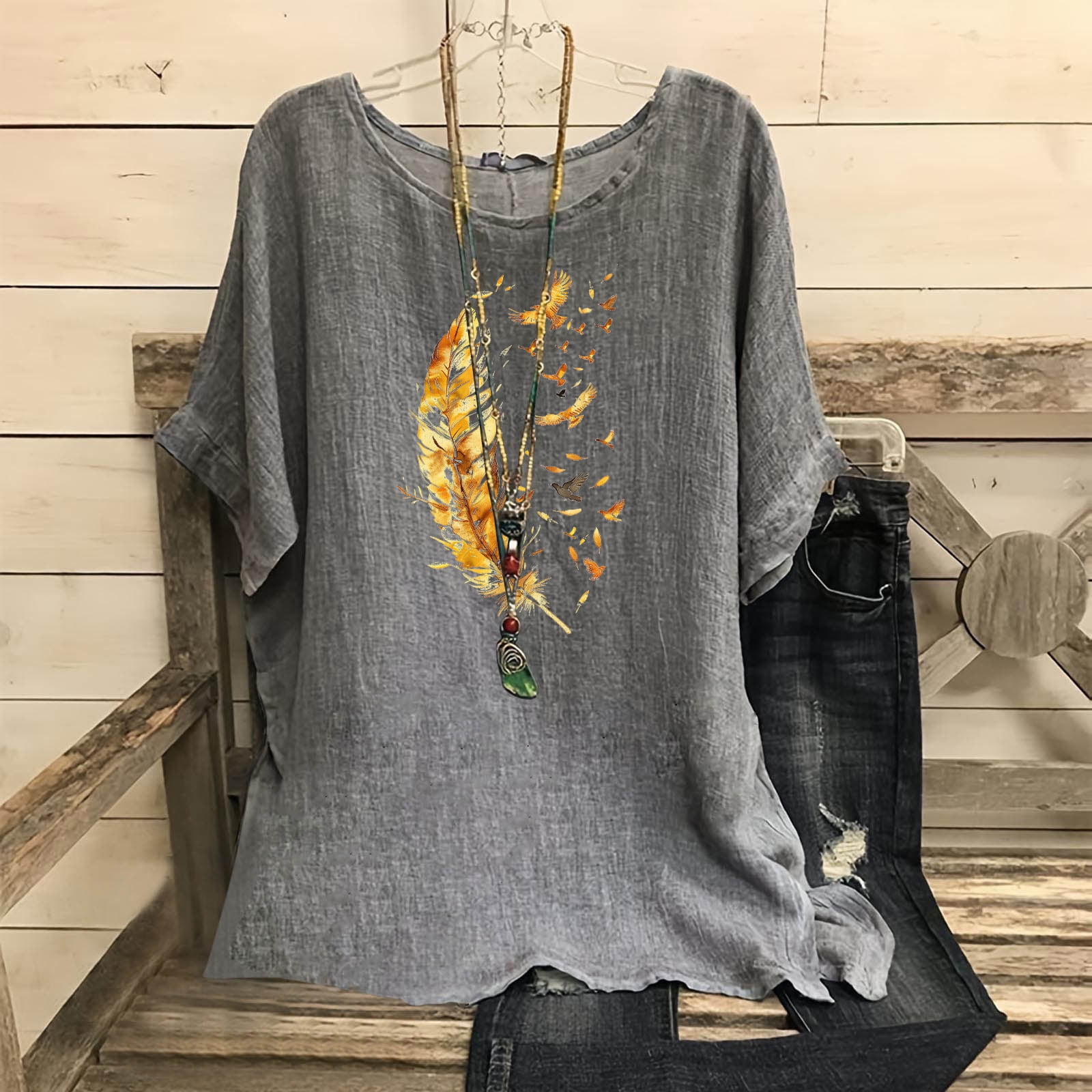 Dasayo Ladies Tops Comfy Short Sleeve Cotton Linen Gray Plus Size ...