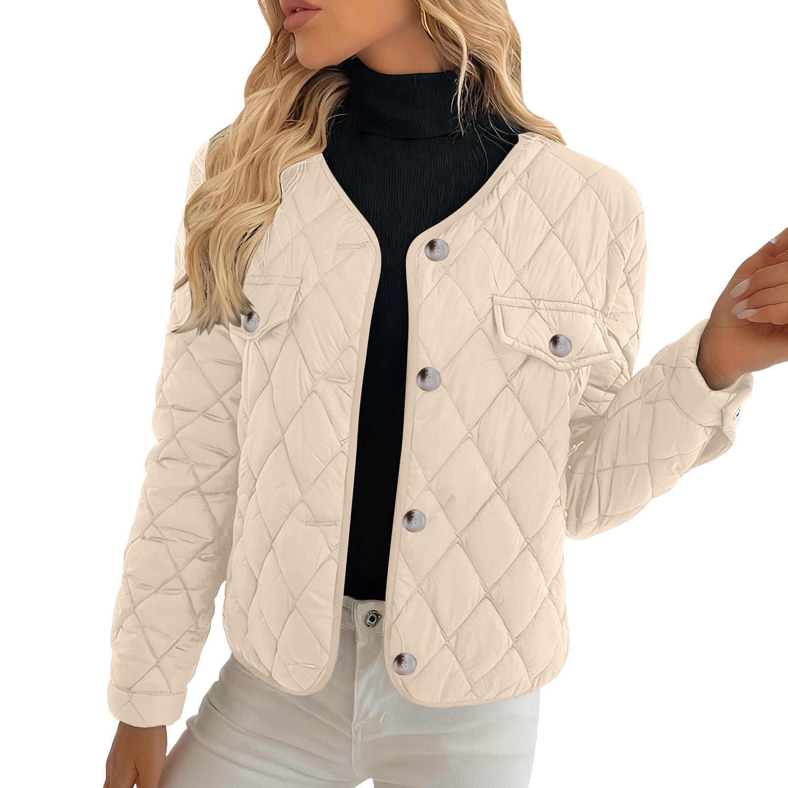 Dasayo Light Weight Coat for Women Puffer Quilted Beige Buttons House ...