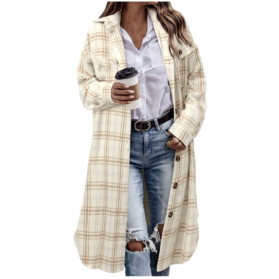 Dasayo Long Coat Women Pea Trench Beige Collared Overcoat Plaid Shacket ...