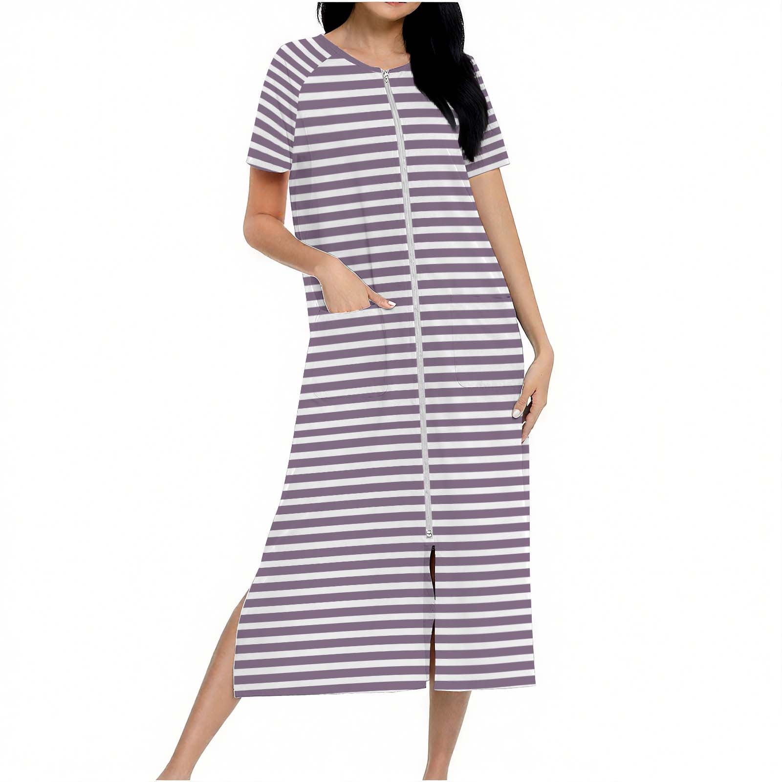 Dasayo Long Nightgowns for Women Zip up Fall Sleep Dresses Side Split ...