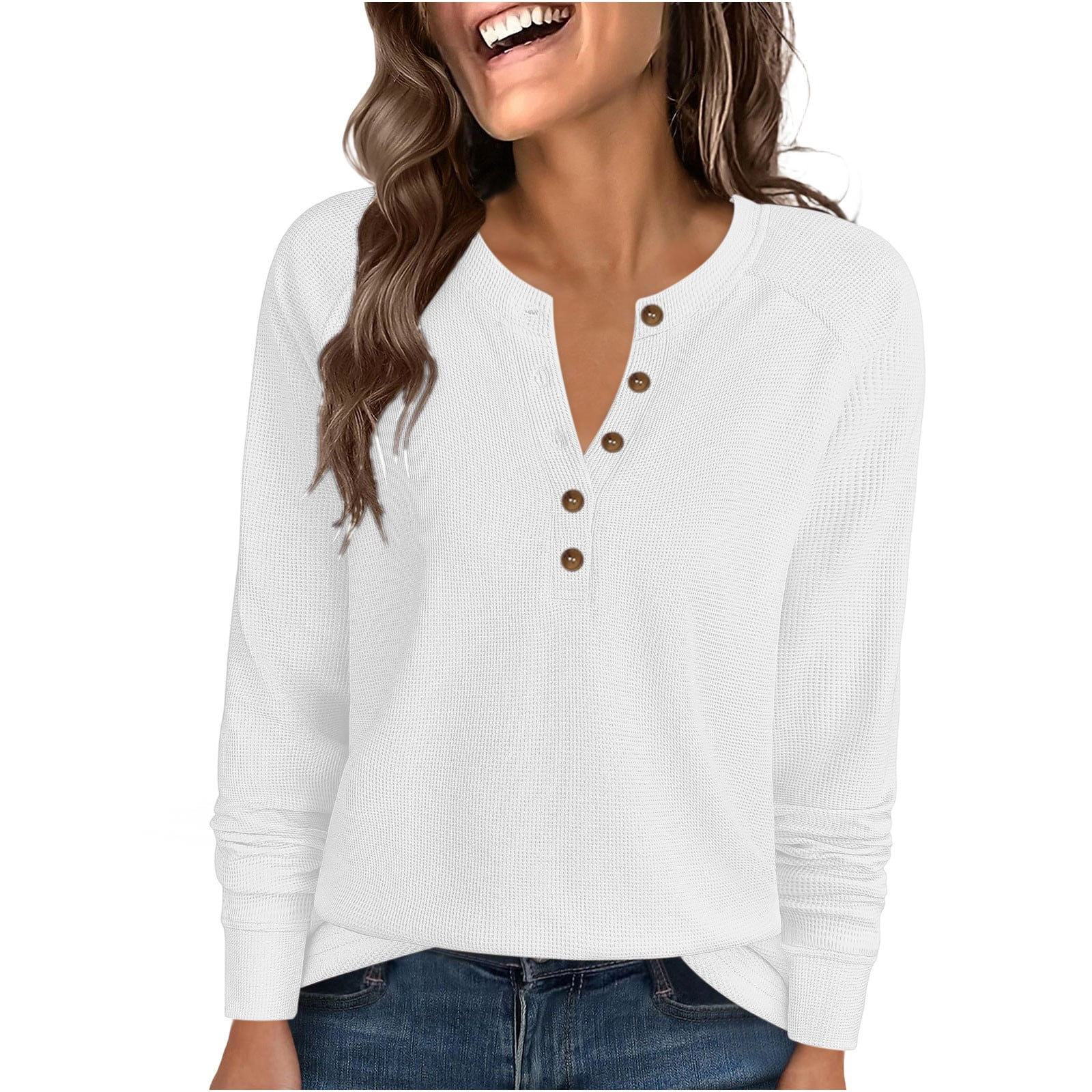 Dasayo Long Sleeve Tops for Women Trendy White Waffle Knit V-Neck ...