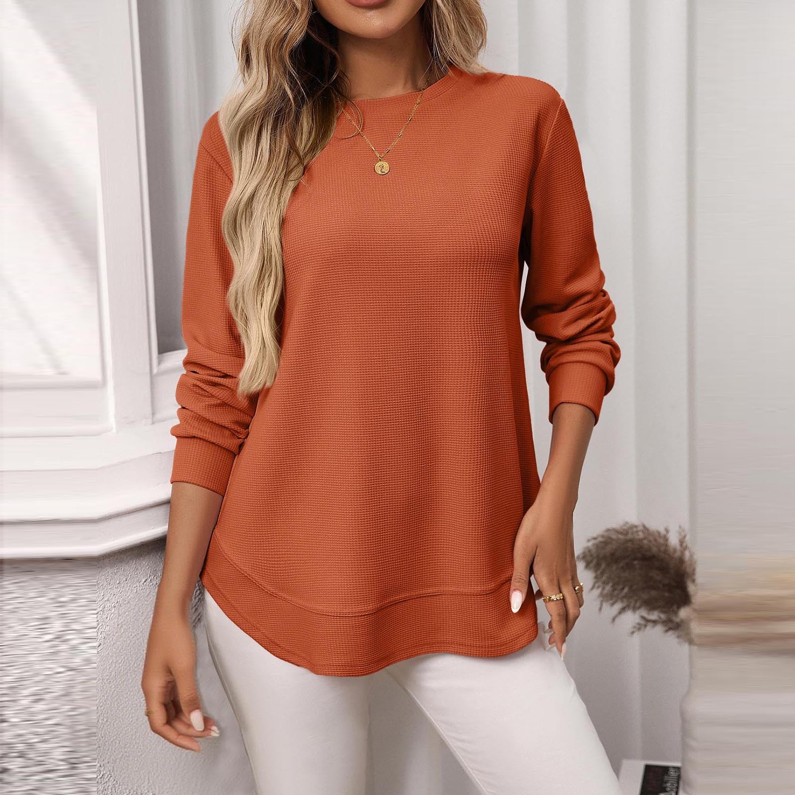 Dasayo Long Sleeve Women Tops Waffle Knit Orange Dressy Solid Fall ...