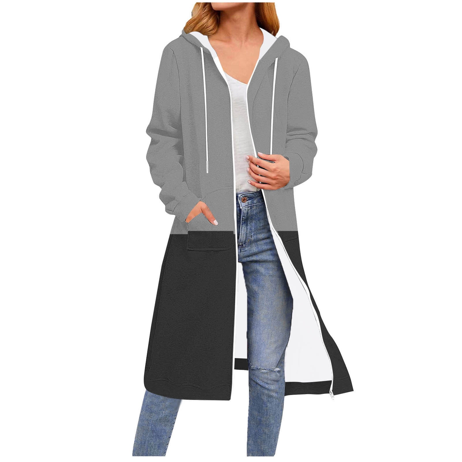 Dasayo Long Women's Coats Full Zip Hooded Gray Jackets Contrast ...