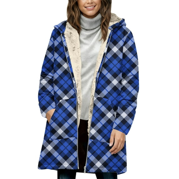 Dasayo Long Womens Coat Blue Plus Size Fleece Plaid Hooded Zip up ...