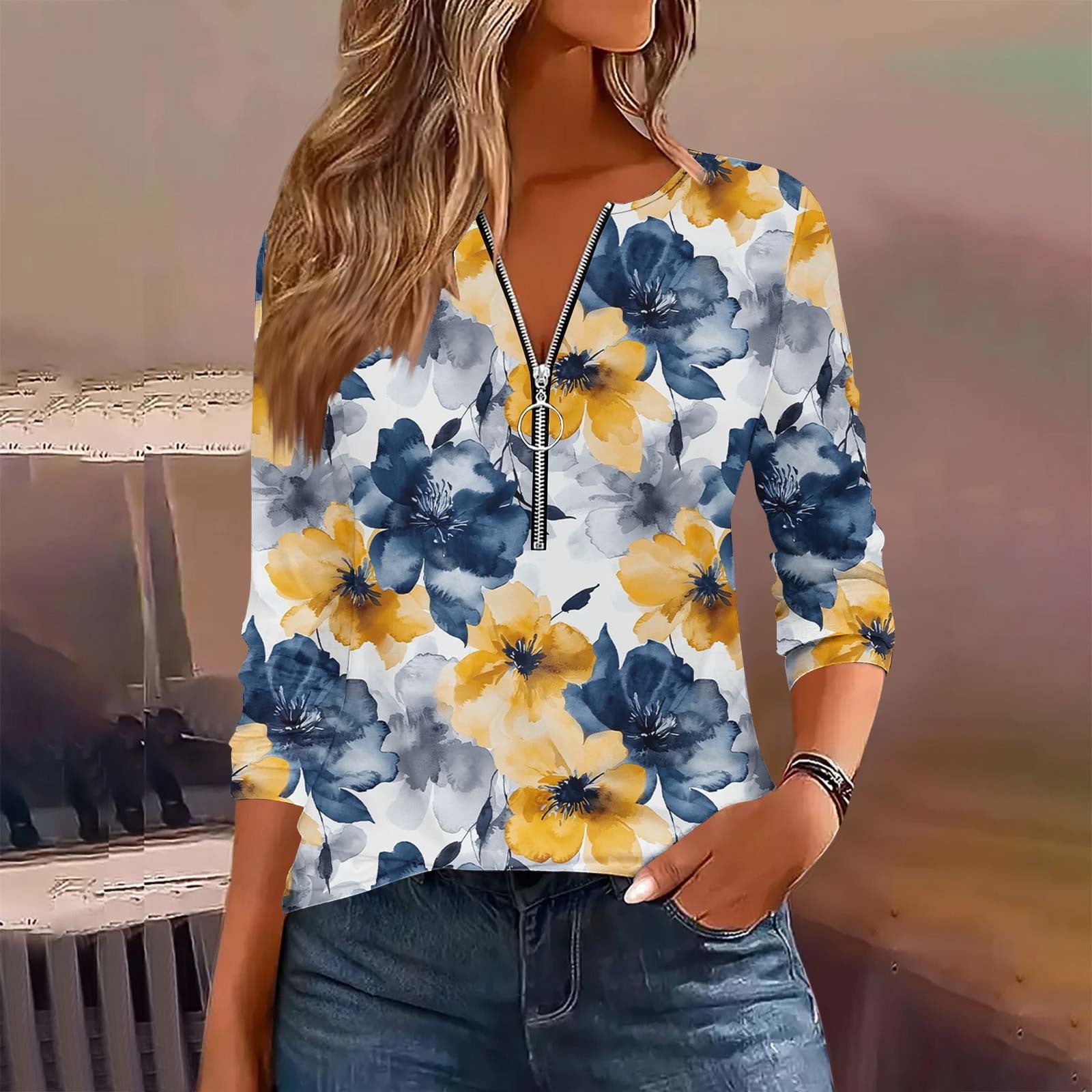 Dasayo Loose Ladies Tops Long Sleeve Zip up Yellow Lightweight Floral ...