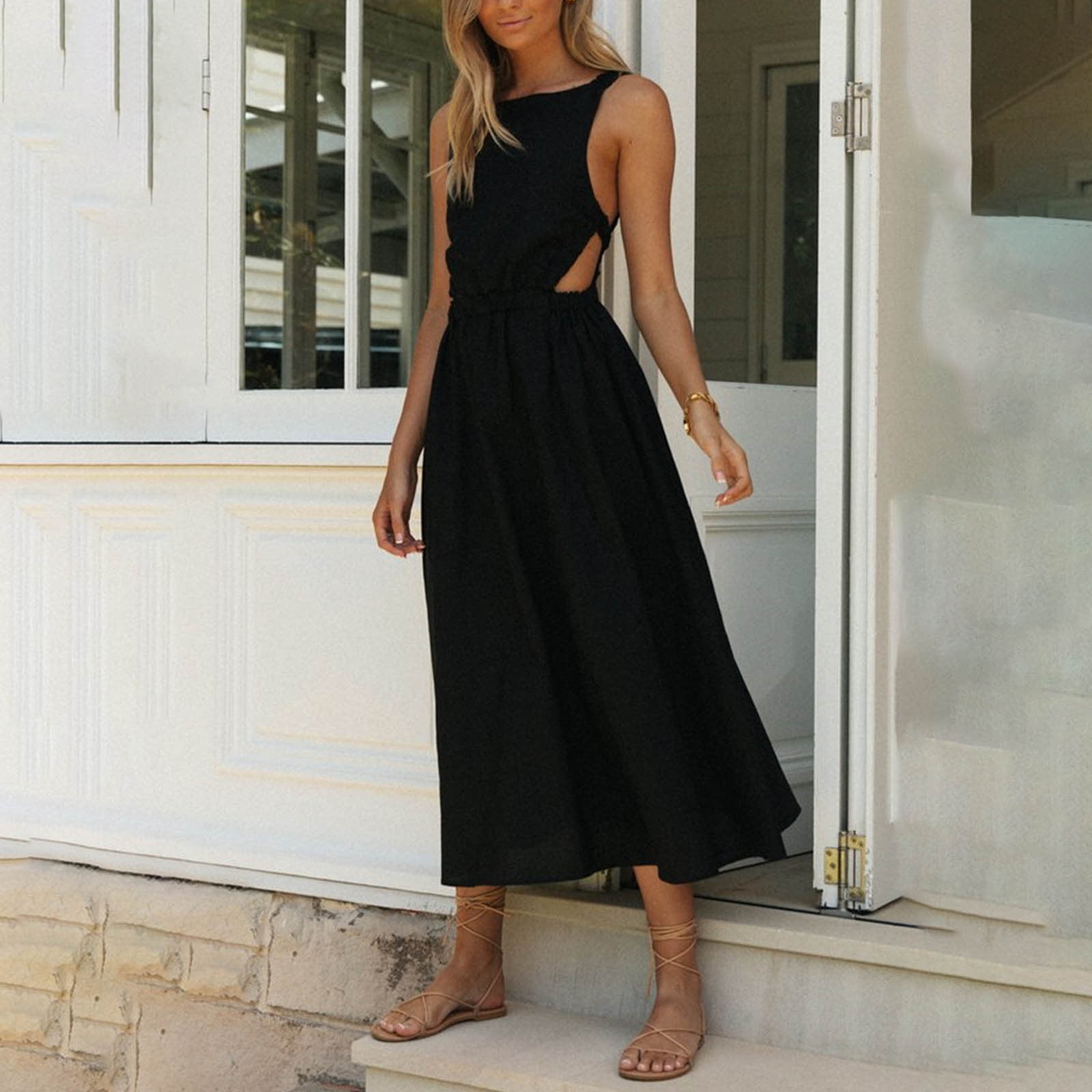 Dasayo Maxi Dresses for Women 2025 Cheeky Black Sleeveless Solid Cutout ...