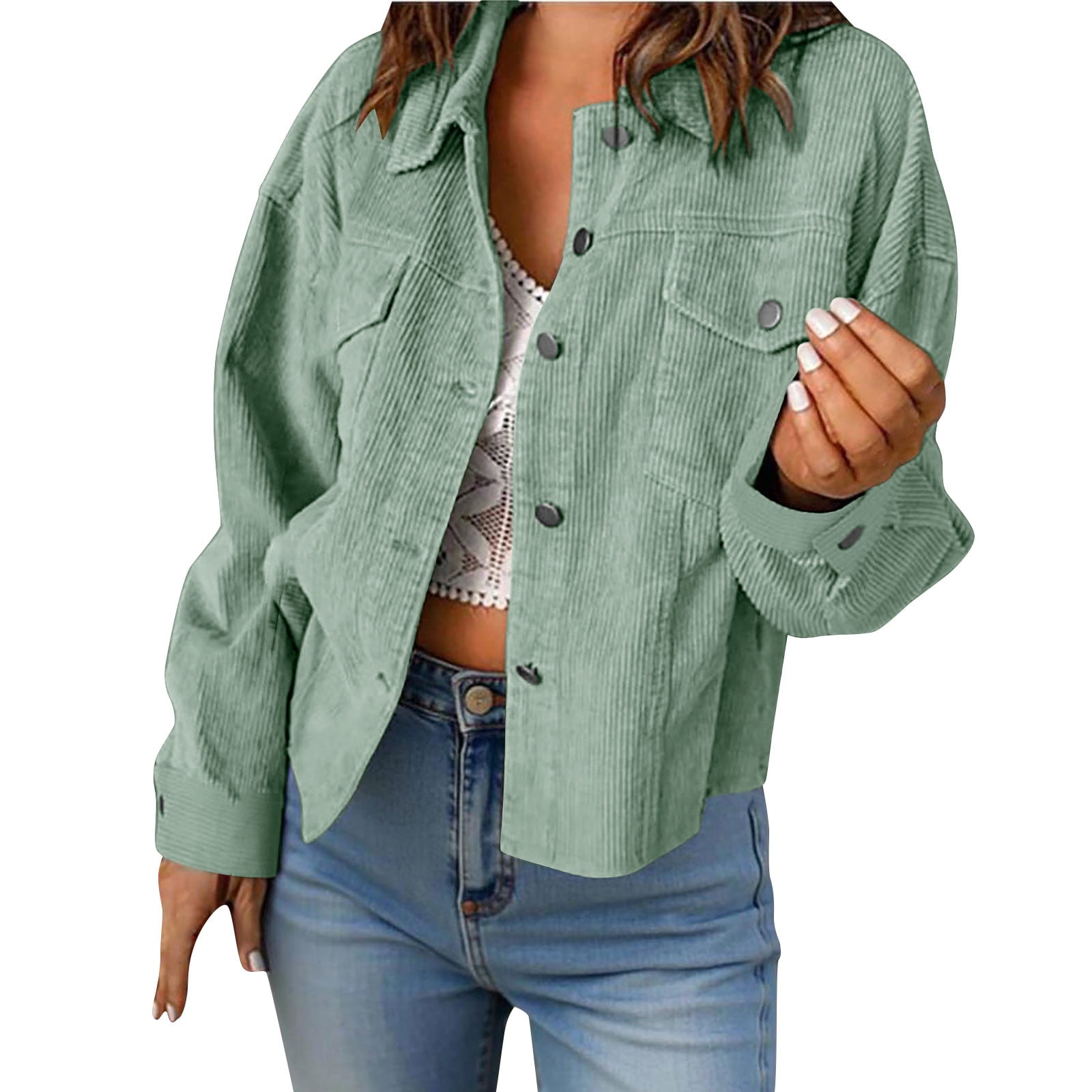 Dasayo Mint Green Womens Coats Bomber Varsity Corduroy Collared ...