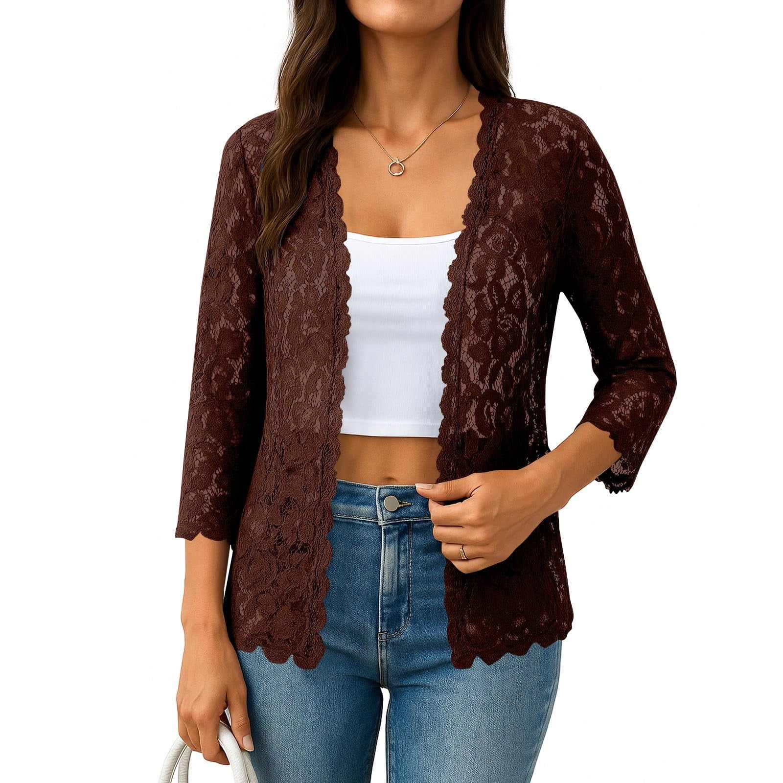 Dasayo Open Front Coats for Women Brown Lace Dressy Summer Cardigan ...