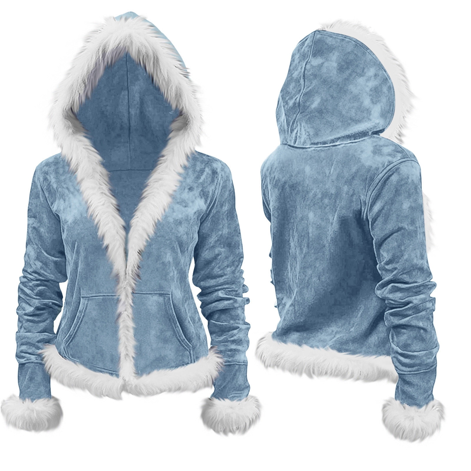 Dasayo Open Front Coats for Women Fuzzy Light Blue Suede Hooded Crop ...