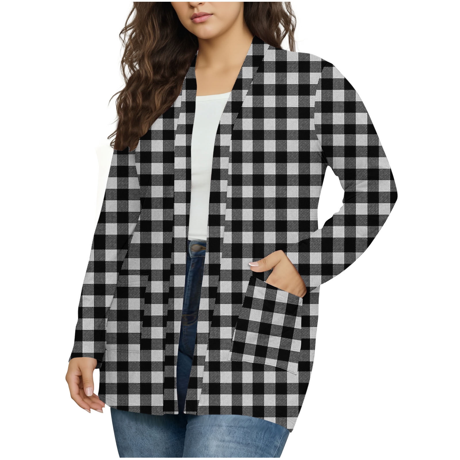 Dasayo Open Front Coats for Women Long Plaid Black Fall Casual Pocket ...