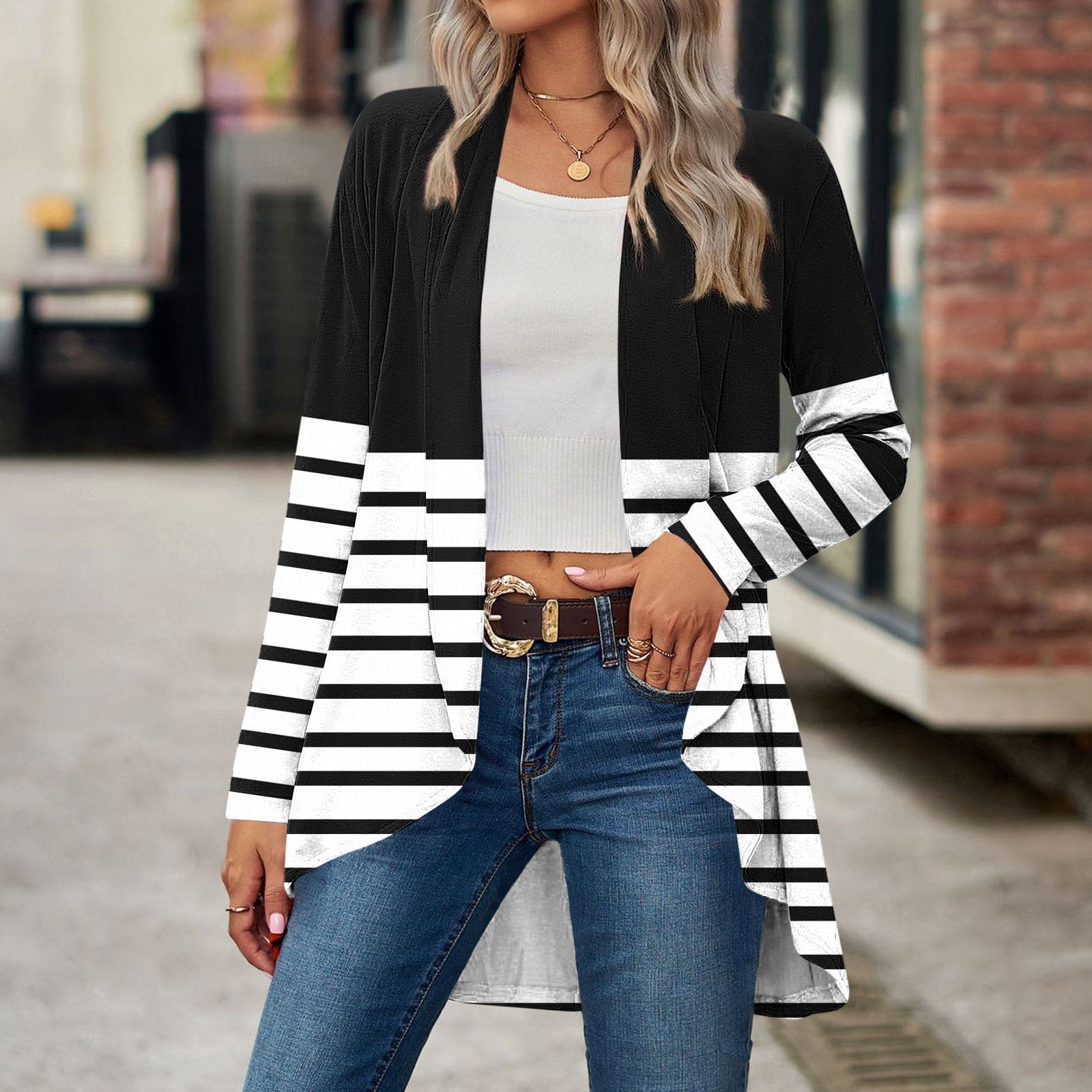 Dasayo Open Front Tops for Women Trendy Long Sleeve Fall Black Striped ...