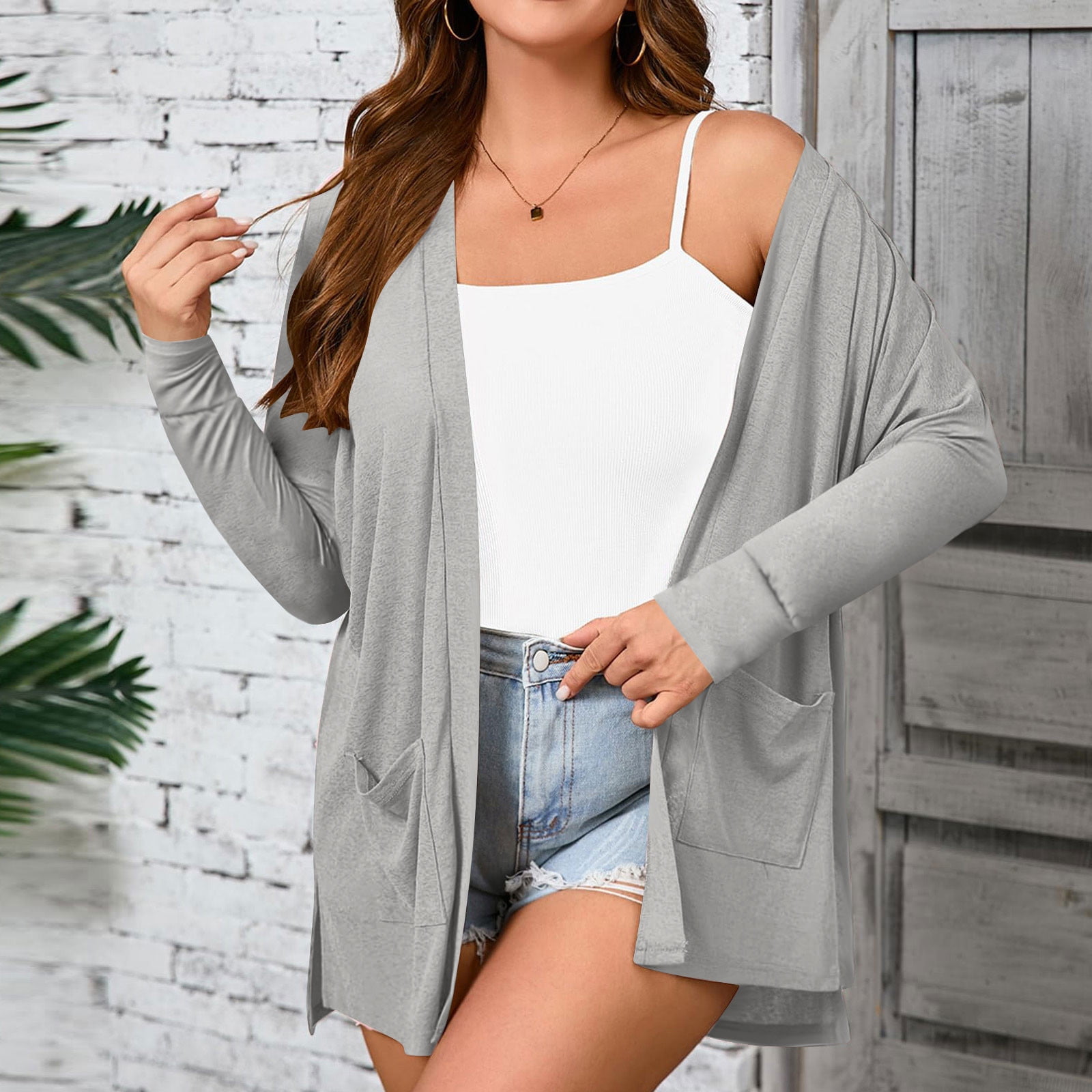 Dasayo Open Front Women Tops Long Sleeve Gray Side Split Pocket Solid ...
