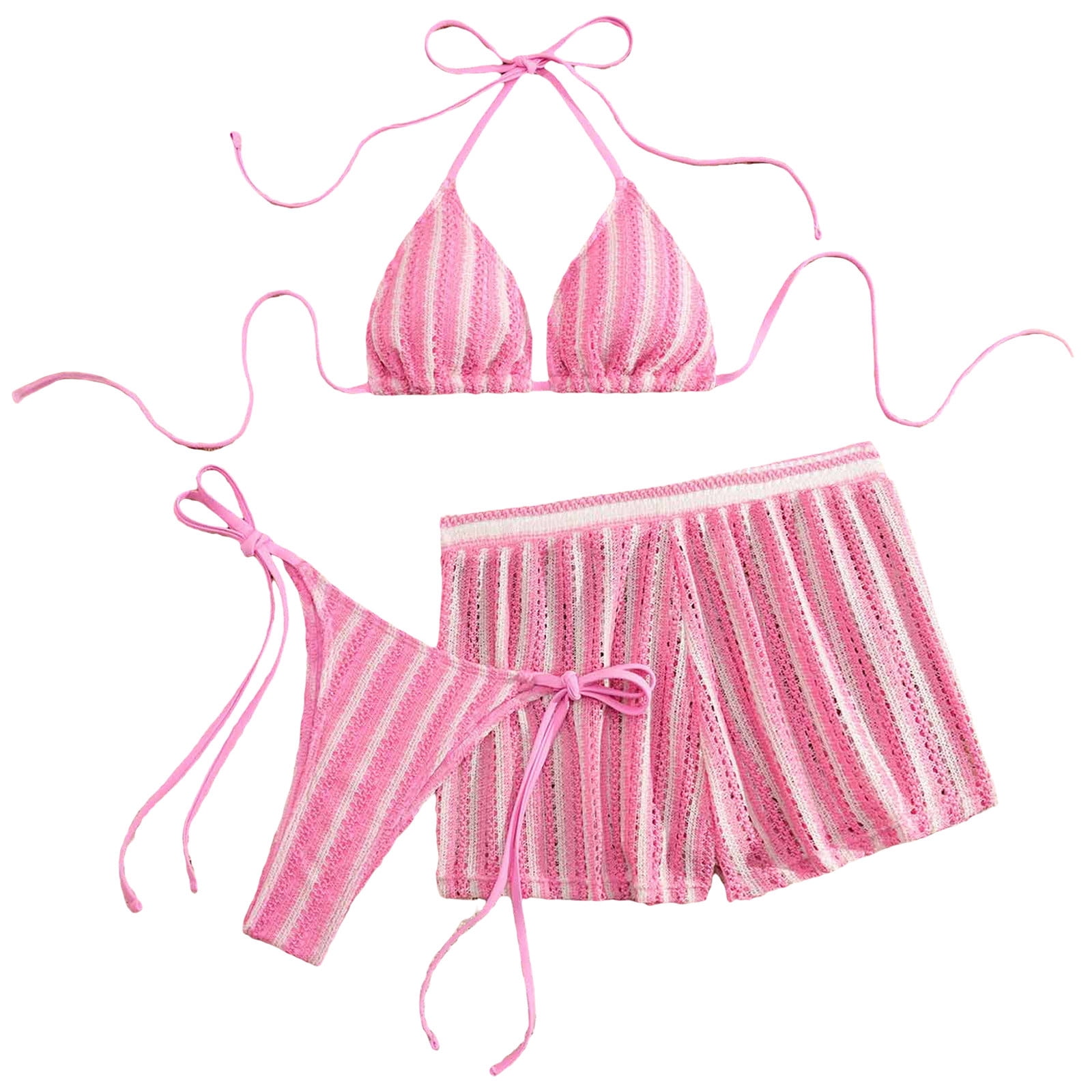 Dasayo Pink Bikini Sets for Women 3 Piece High Waisted Halter Striped ...