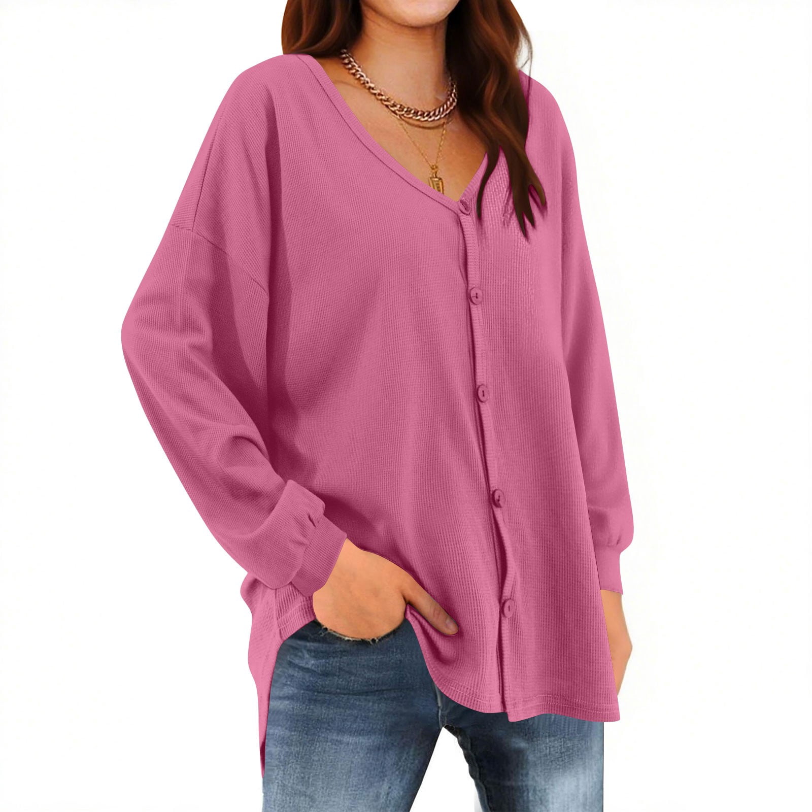 Dasayo Pink Women Tops V-Neck Waffle Knit Long Sleeve Solid Loose ...