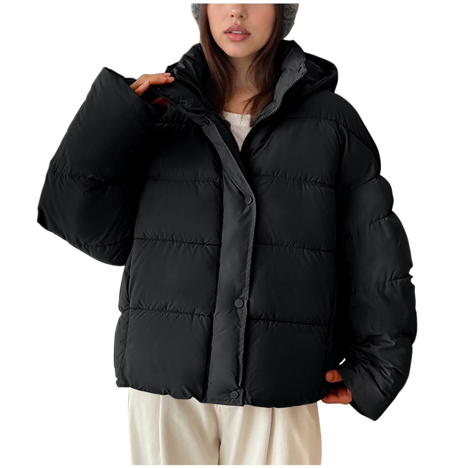 Dasayo Puffer Coats for Women Black Zipper Hooded Thick Coats Winter Solid Long Sleeve Hike ...