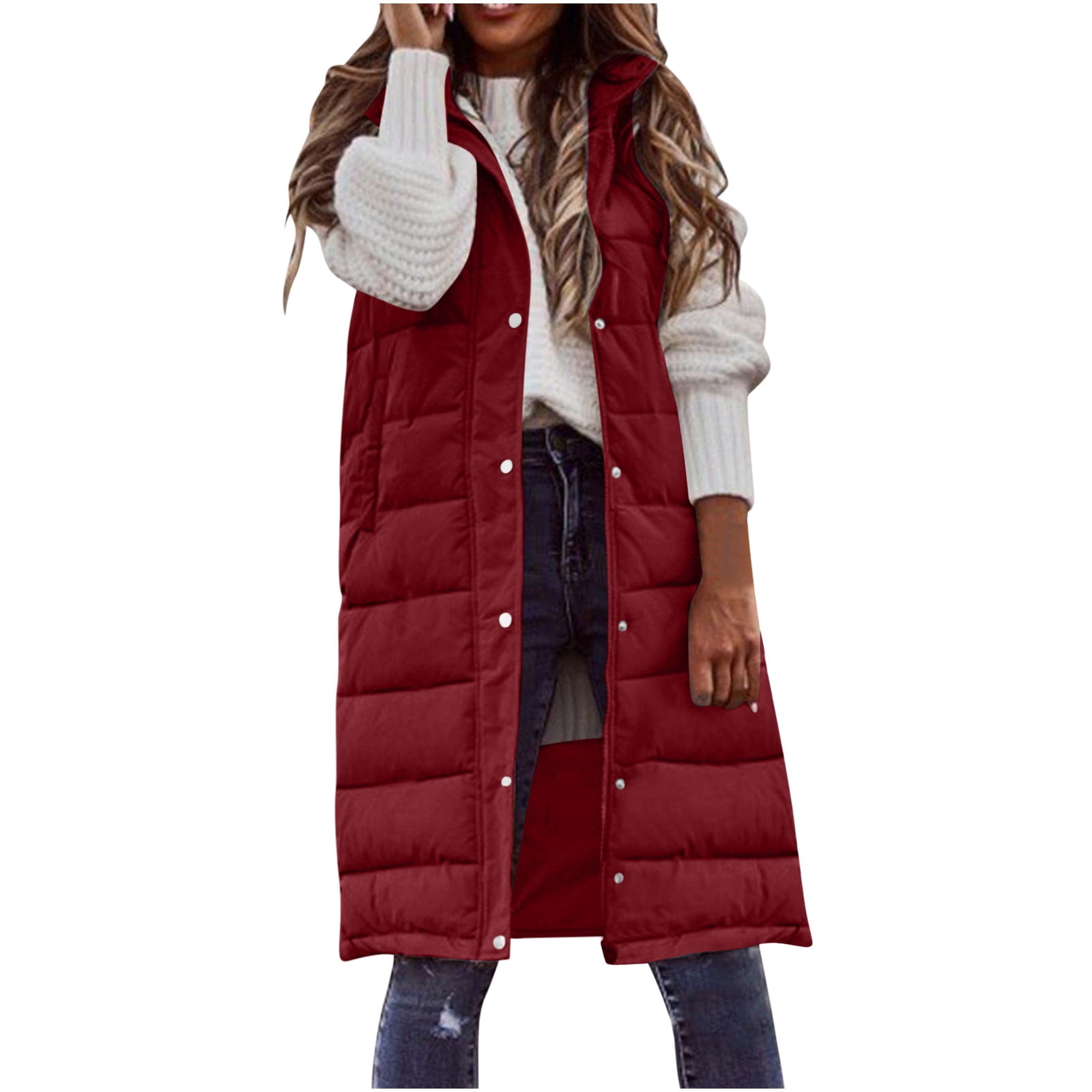 Dasayo Quilted Women's Vest Red Long Cotton Buttons Puffy Hooded Vest ...