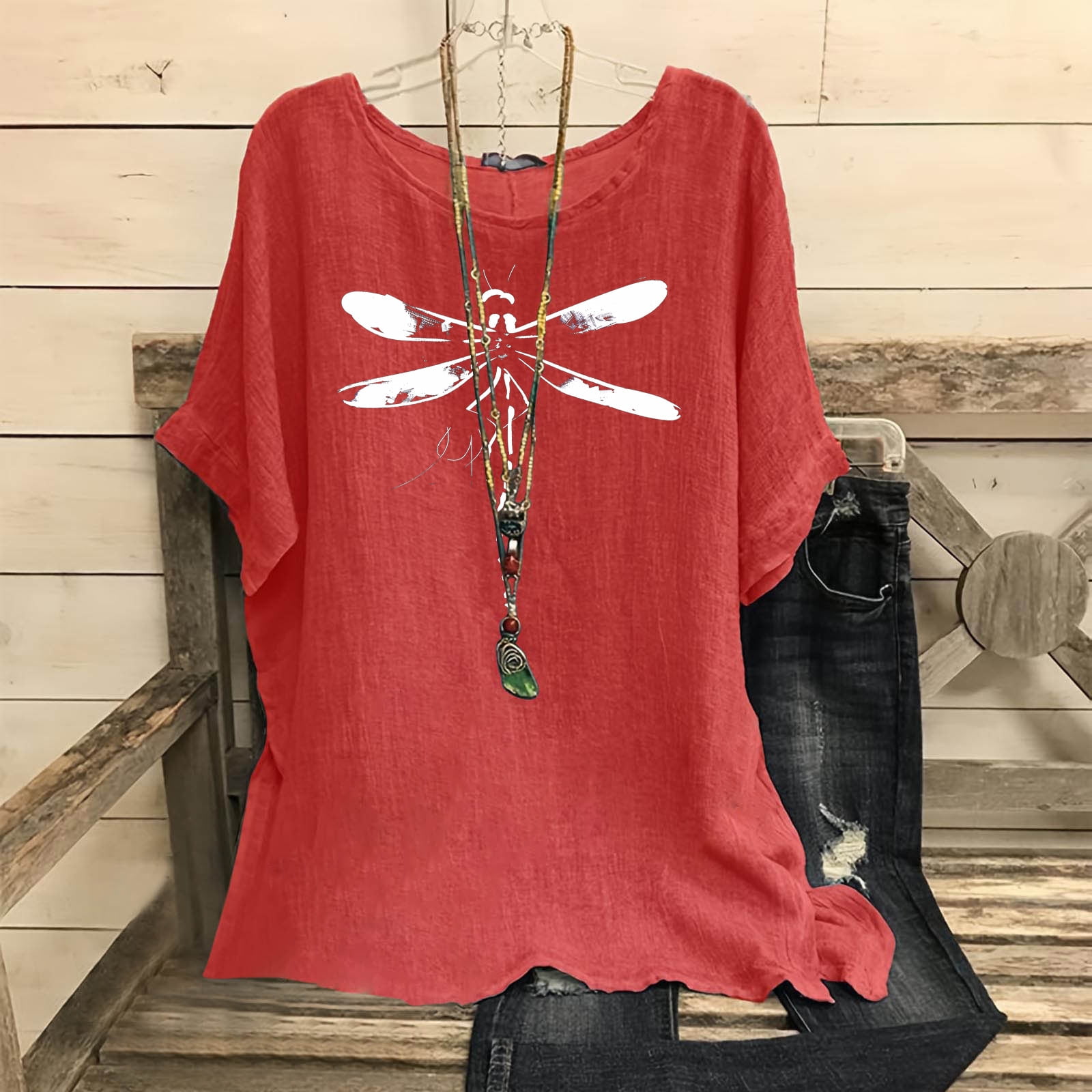 Dasayo Red Tops for Women Trendy Comfy Cotton Linen Short Sleeve ...