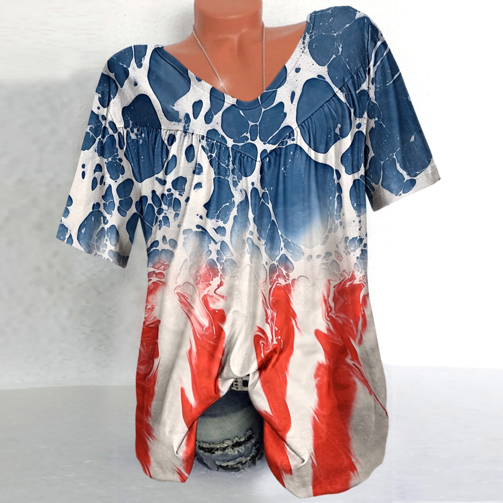 Dasayo Red Women Tops Independence Day V-Neck Short Sleeve Smocked ...
