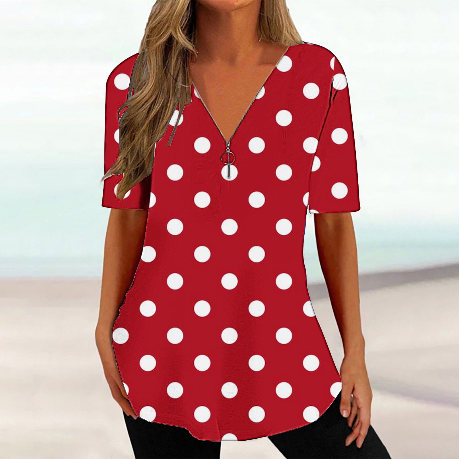 Dasayo Short Sleeve T-Shirts for Women Summer Red Polka Dots Tunic Tops Pullover V-Neck Womens ...
