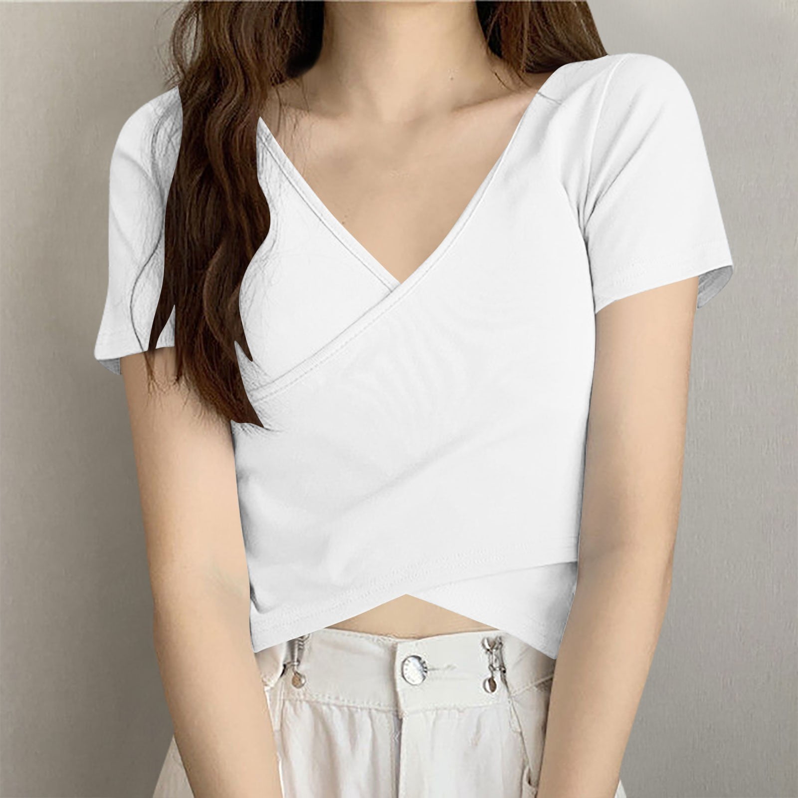 Dasayo Short Sleeve Tops for Women Trendy Cropped V-Neck White Solid ...
